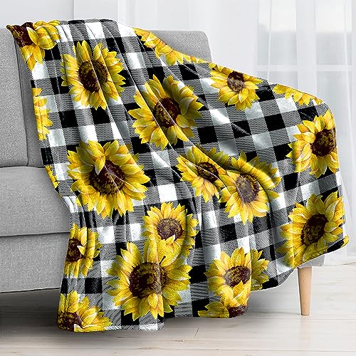 Reunbmq Super Soft Flannel Fleece Throw Blanket, Lightweight Sherpa Blankets Comfortable Bed Throws 3D Printed Blanket for Couch/Chair/Sofa/Bed/Dorm/Bedroom/Home (Sunflower Buffalo Plaid)