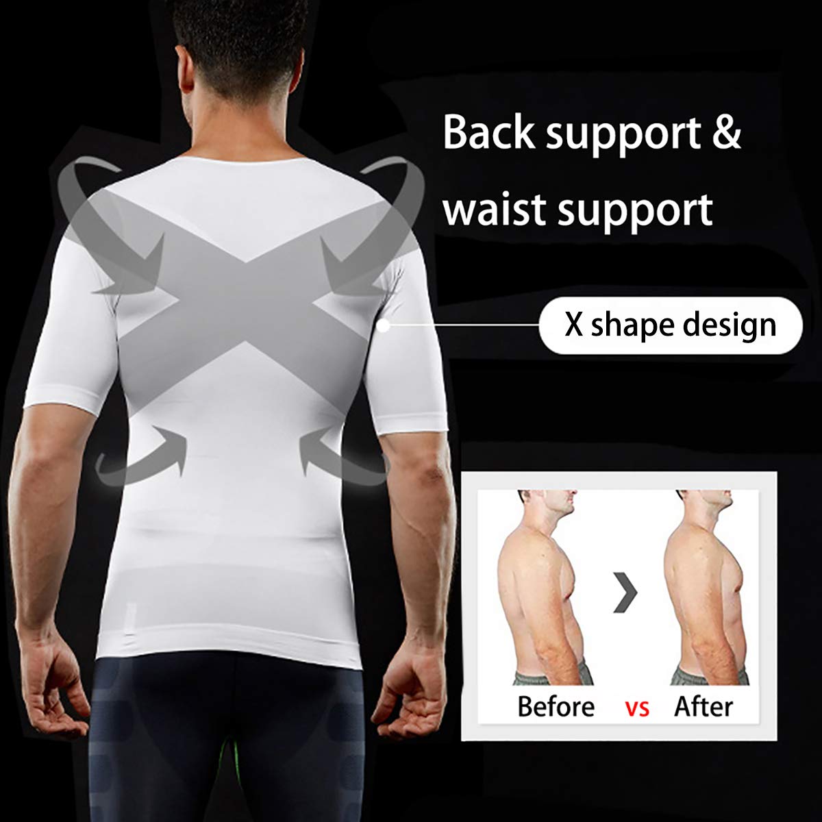 Generic Men's Compression Shirt Short Sleeve Tank Top Body Shaper Slimming T-Shirt Athletic Sports Base Layer Top Running Shaperwear (Black, L)