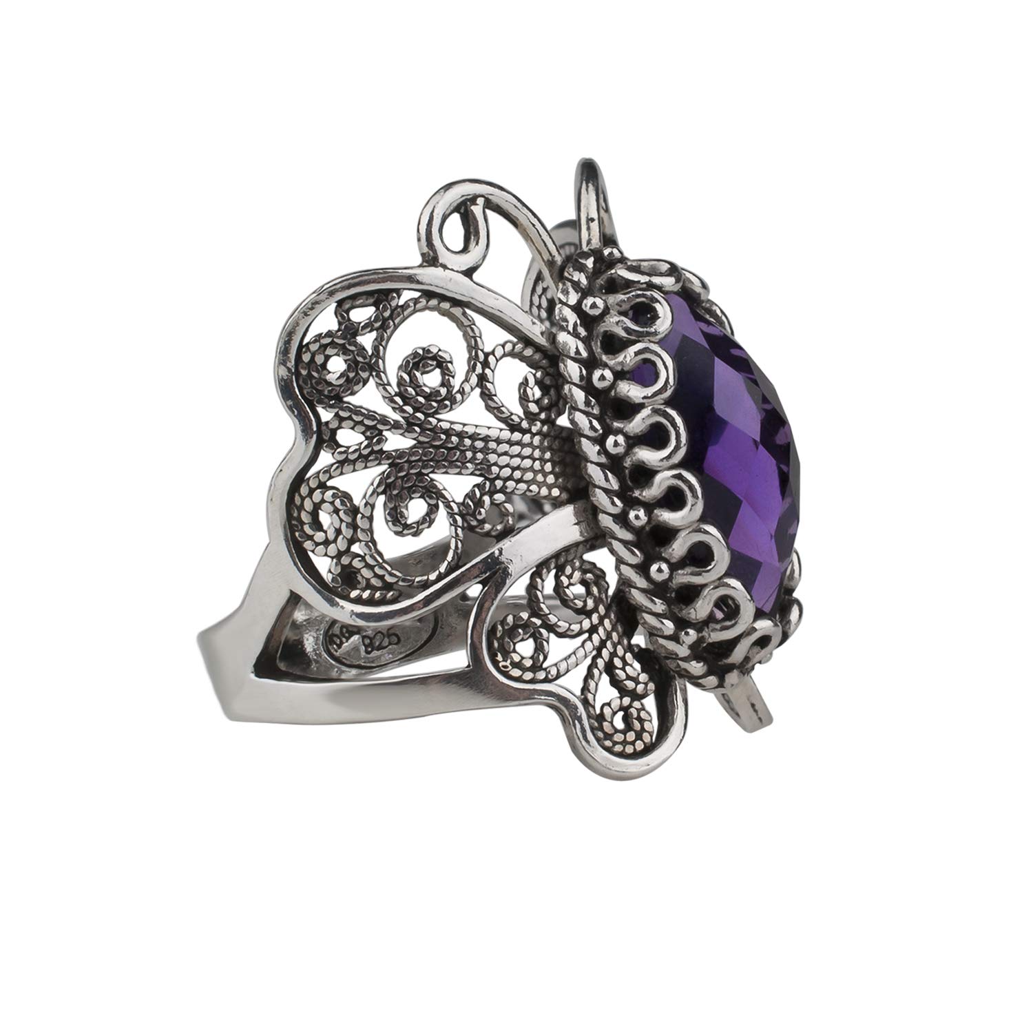 Genuine Amethyst Citrine Blue Topaz Gemstone 925 Sterling Silver Filigree Style Butterfly Figured Ring for You and Your Precious (Size 5-12) (7, Amethyst)