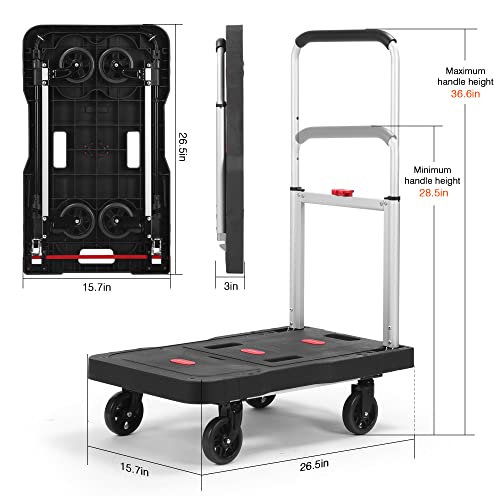 nisboigr Push Dolly Cart Foldable Platform Hand Truck 330lb Weight Capacity with 360 Degree Swivel Wheels for Garage Garden Home & Office Use, Black
