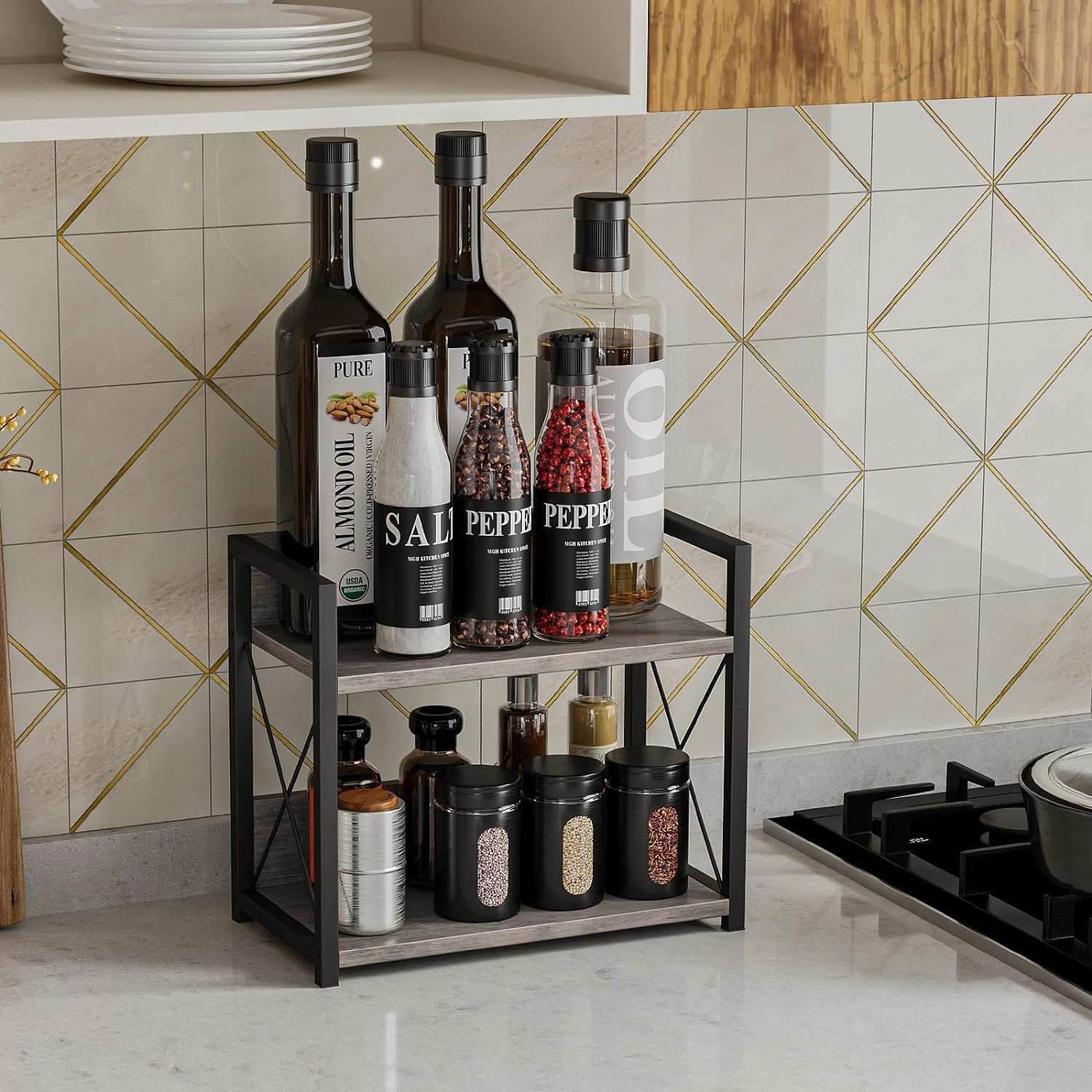 Giikin Countertop Shelf Organizer, 2 Tier Kitchen Spice Rack Organizer for Countertop, Wood Coffee Counter Shelf Organizer for Home (Smoky Grey)