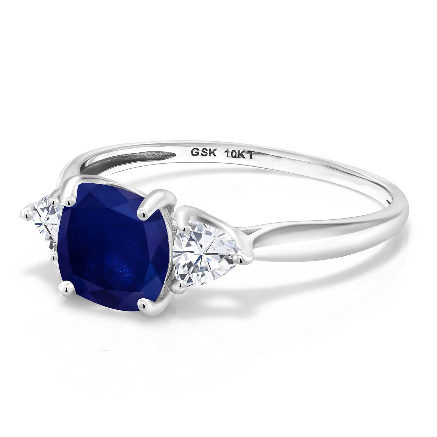 Gem Stone King 10K White Gold Blue Sapphire and White Moissanite Engagement Ring | 2.46 Cttw | 7MM Cushion and 4MM Trillion | 3 Stone Wedding Engagement Anniversary Promise Ring For Women (Size 6)