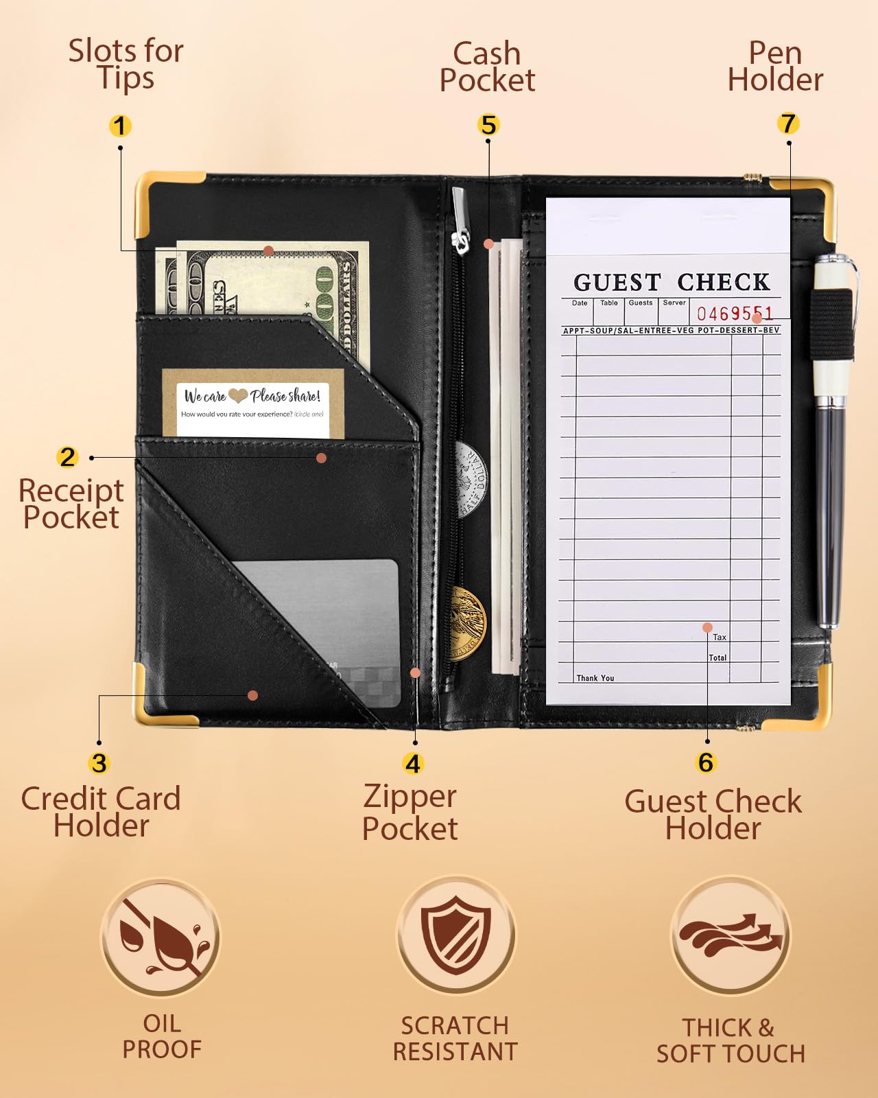 Slohif Server Book for Waitress Cute Serving Books with Zipper Pocket Accessories Leather Server Check Book Restaurant Waiter Server Booklet Ticket Book Holder Smile