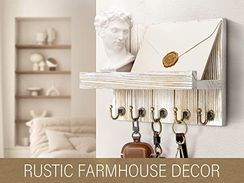 Rebee Vision Farmhouse Key Holder for Wall - Decorative Mail Organizer and Retro Key Hanger for Wall - 5 Sturdy Key Hooks with Small Floating Shelf for Rustic Apartment Essentials (Natural Wood)