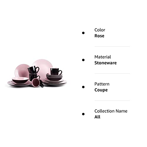 HomeVss Stoneware Two-Tone Colors Life 16pc Dinner Set,Outside Shiny Black + Inside Matte Glaze Rose