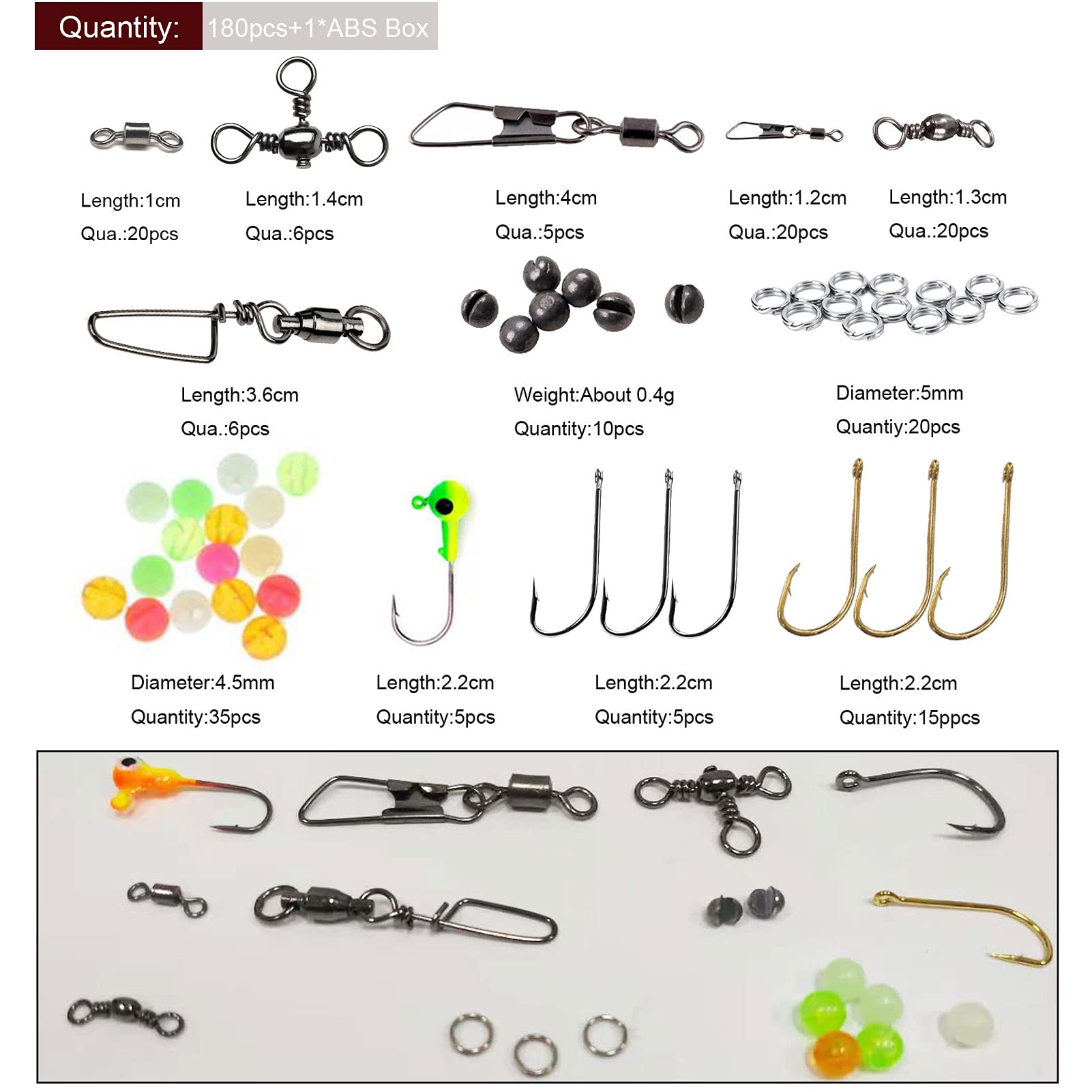 Fishing Terminal Tackle Box - Fishing Baitholder Hooks, Drop Shot Weights,Fishing Bobbers,Fishing Stoppers, Sinker Slides, Double Barrel Crimps,Three Way swivels,Fishing Beads