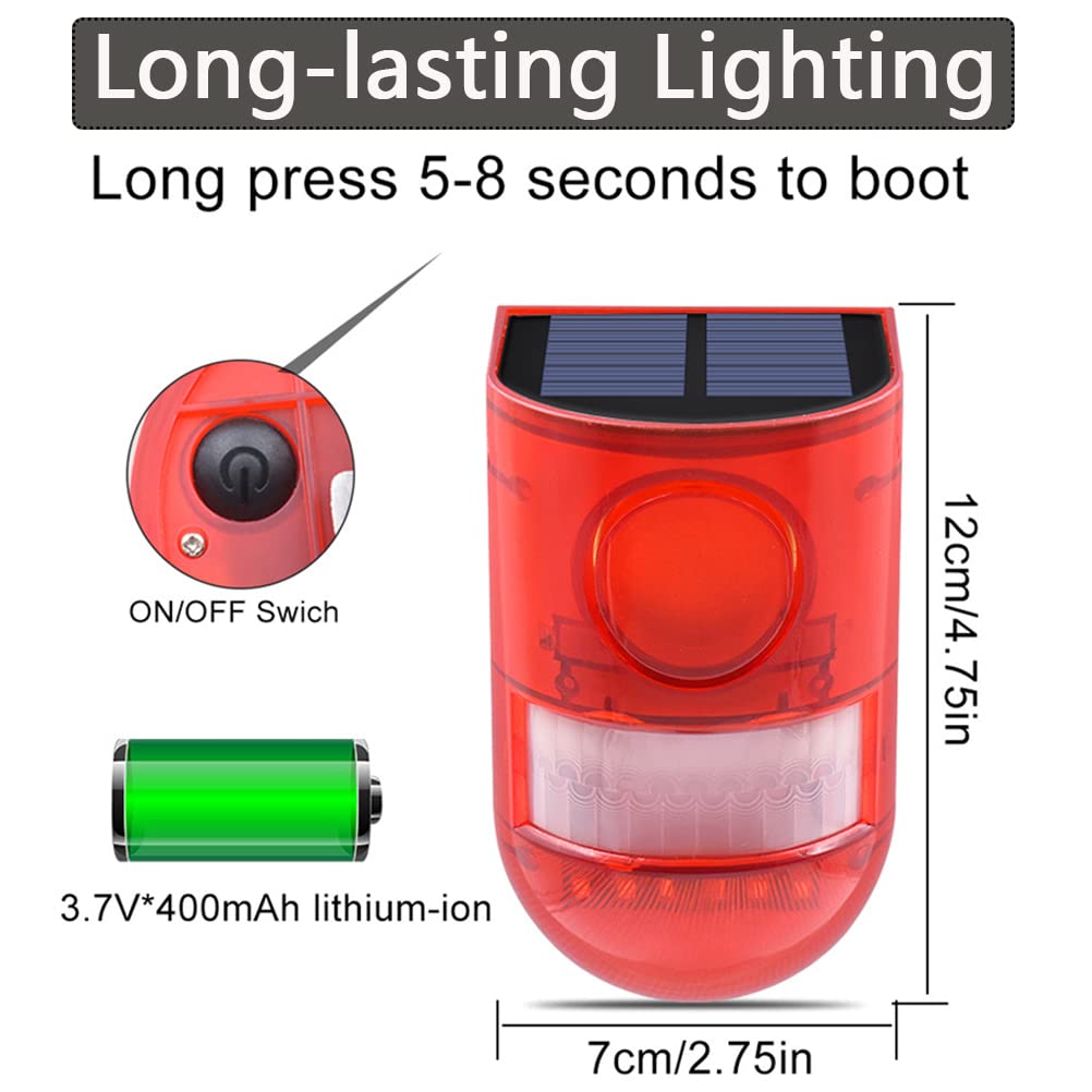 LEDHOLYT 2Pcs Solar Strobe Light with Sound, Wall Mounted Outdoor Motion Red Sensor Alarm,4 Mode IP65 Waterproof Motion Flashing Sensor Siren 129db Warning Sound for Home Fence Farm Yard Garage Barn.