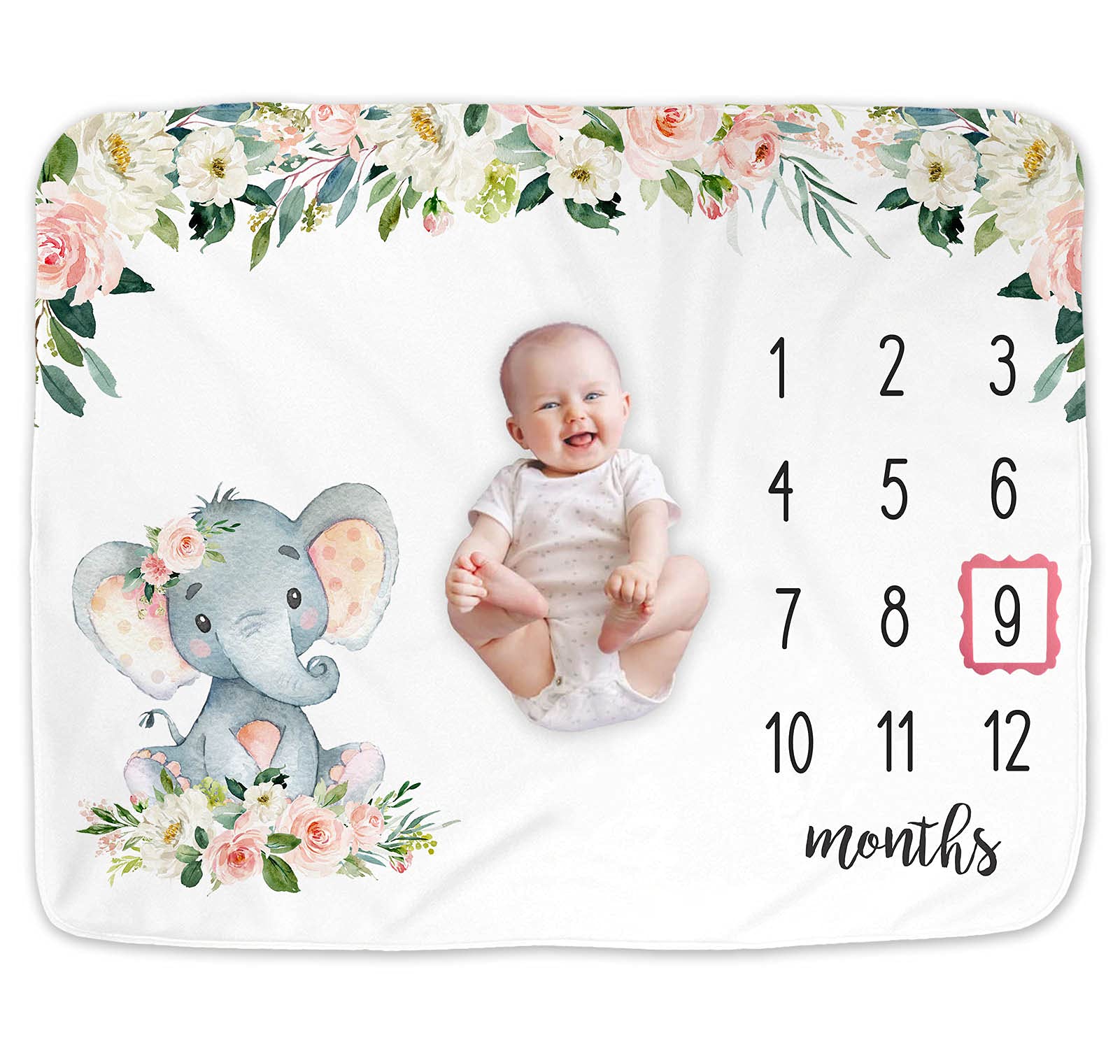 Girl Elephant Baby Monthly Milestone Blanket, Safari Elephant Baby Growth Chart Month Blanket, Watch Me Grow Baby Girl Floral Elephant Nursery Gift for New Moms Baby Shower, Includes Marker (50"x40")