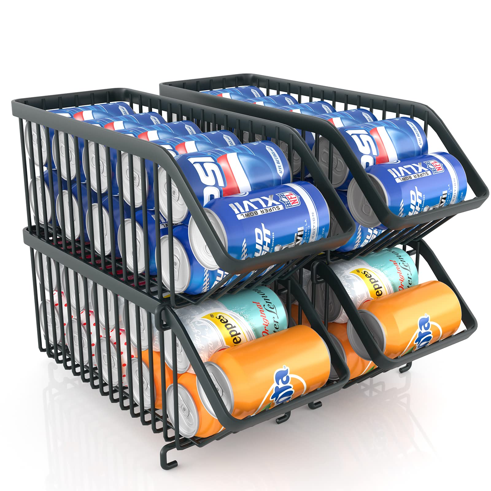 GILLAS 4 Pack Stackable Soda Can Organizer for Refrigerator, Can Holder Dispenser, Canned Food Storage Rack for Fridge, Kitchen, Countertops, Cabinets, Black