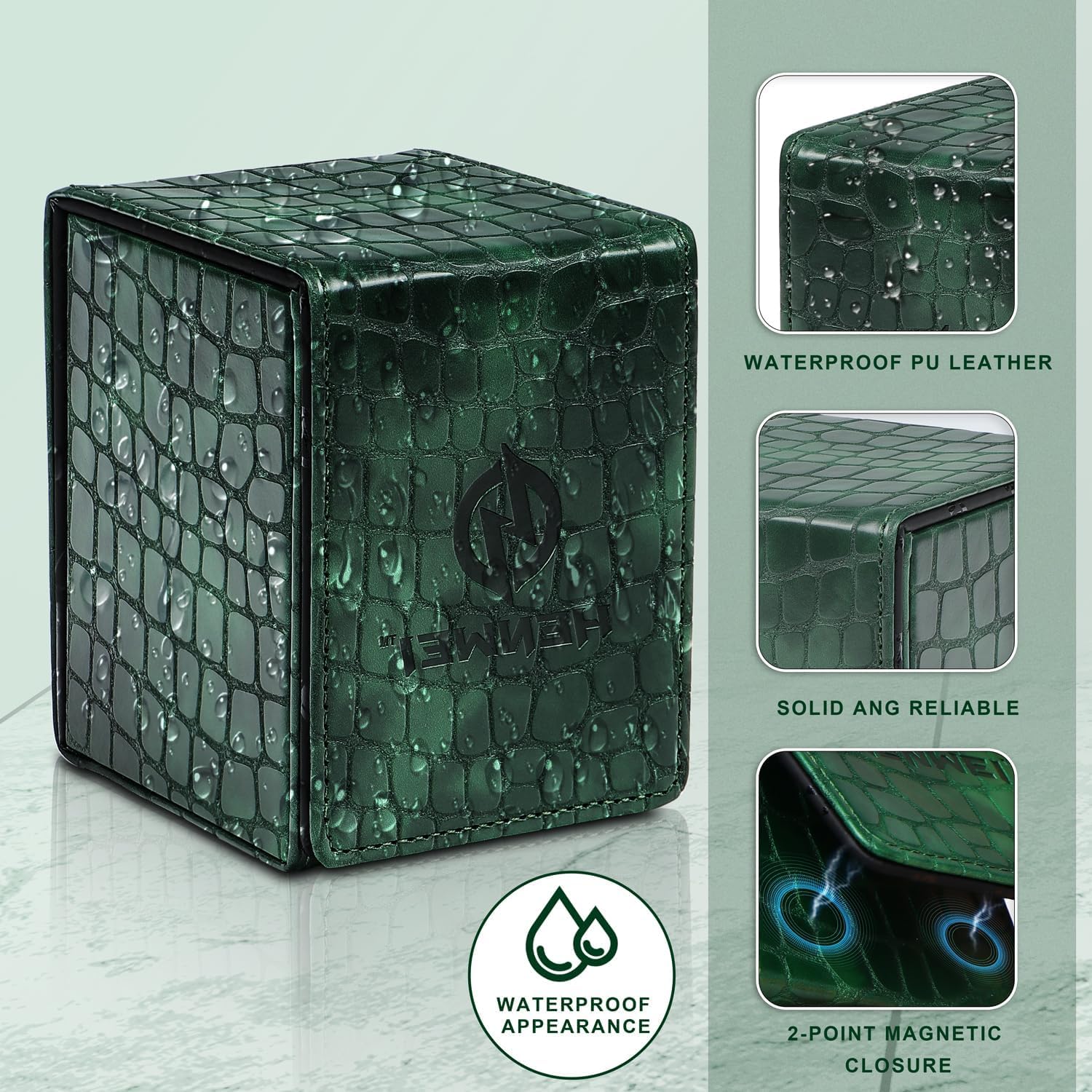 HENWEI 80 Card Capacity Artificial Leather Card Box - Unique Design with Flip, Fold & Magnetic Suction - Ideal for TCG Collectors & Gamers - Durable Organizer for Protecting & Storing Cards, Black