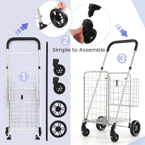 Goplus Folding Shopping Utility Cart, Double Basket and 360° Swivel Wheels, Adjustable Handle, Small Cart Perfect for Grocery Laundry Book Luggage Travel