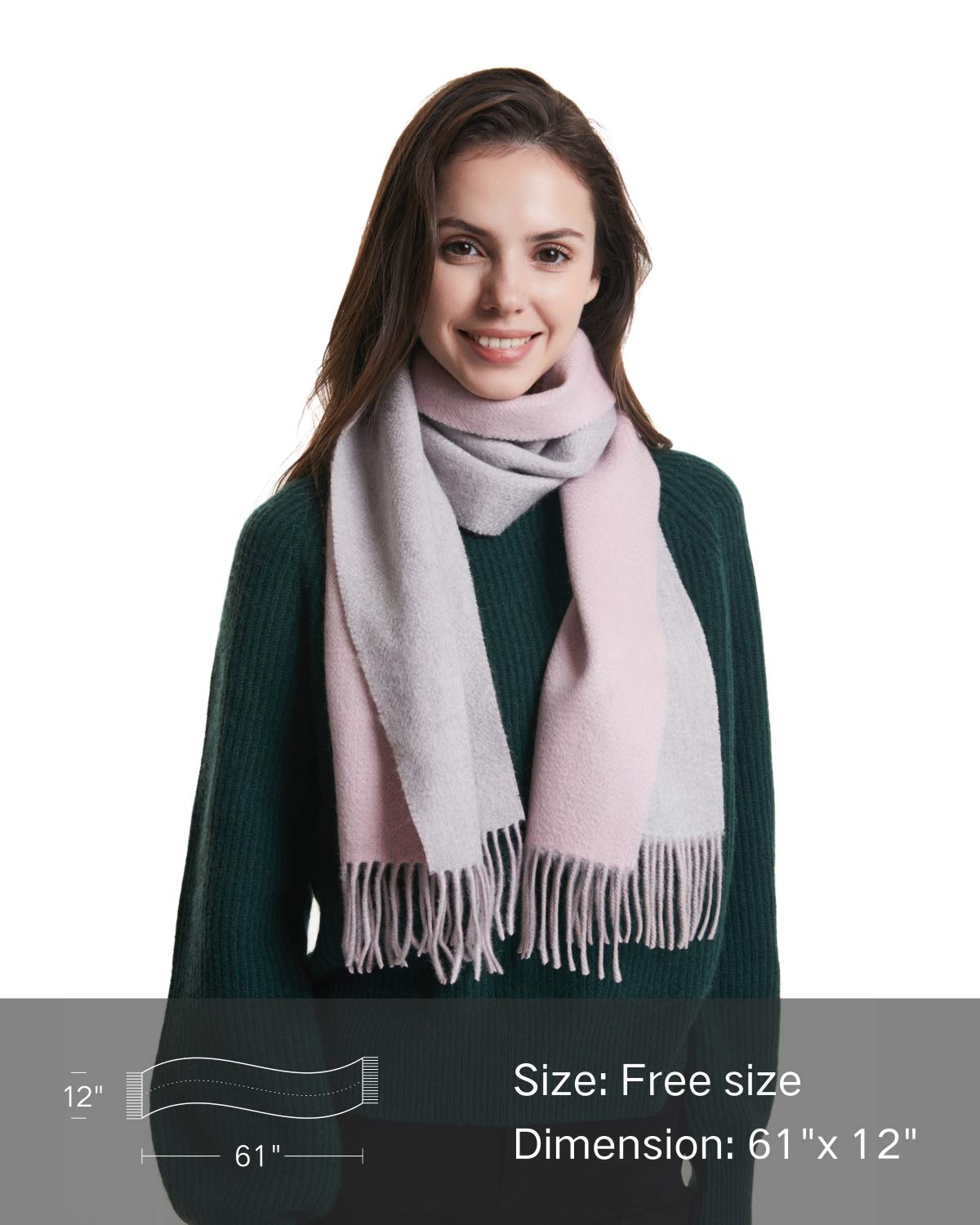 EURKEA 100% Cashmere 2023 Winter Collection, Women Fringed Edges Scarf, Gift Ready, Colors Available in Solid/Plaid/2-Tone, Pink and Light Grey, Free Size