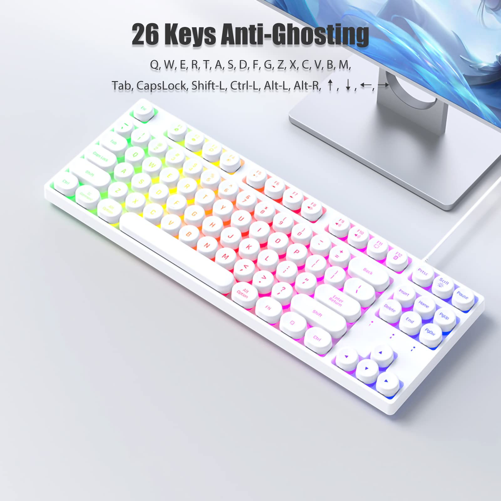MYKYLIN Cheap Gaming Keyboard Rainbow LED Backlit Typewriter Round Keycap 87-Key Compact Portable Anti-Ghosting Quiet Silent Mechanical Feeling Waterproof Light Up Wired USB for PC/Mac/Laptop, White
