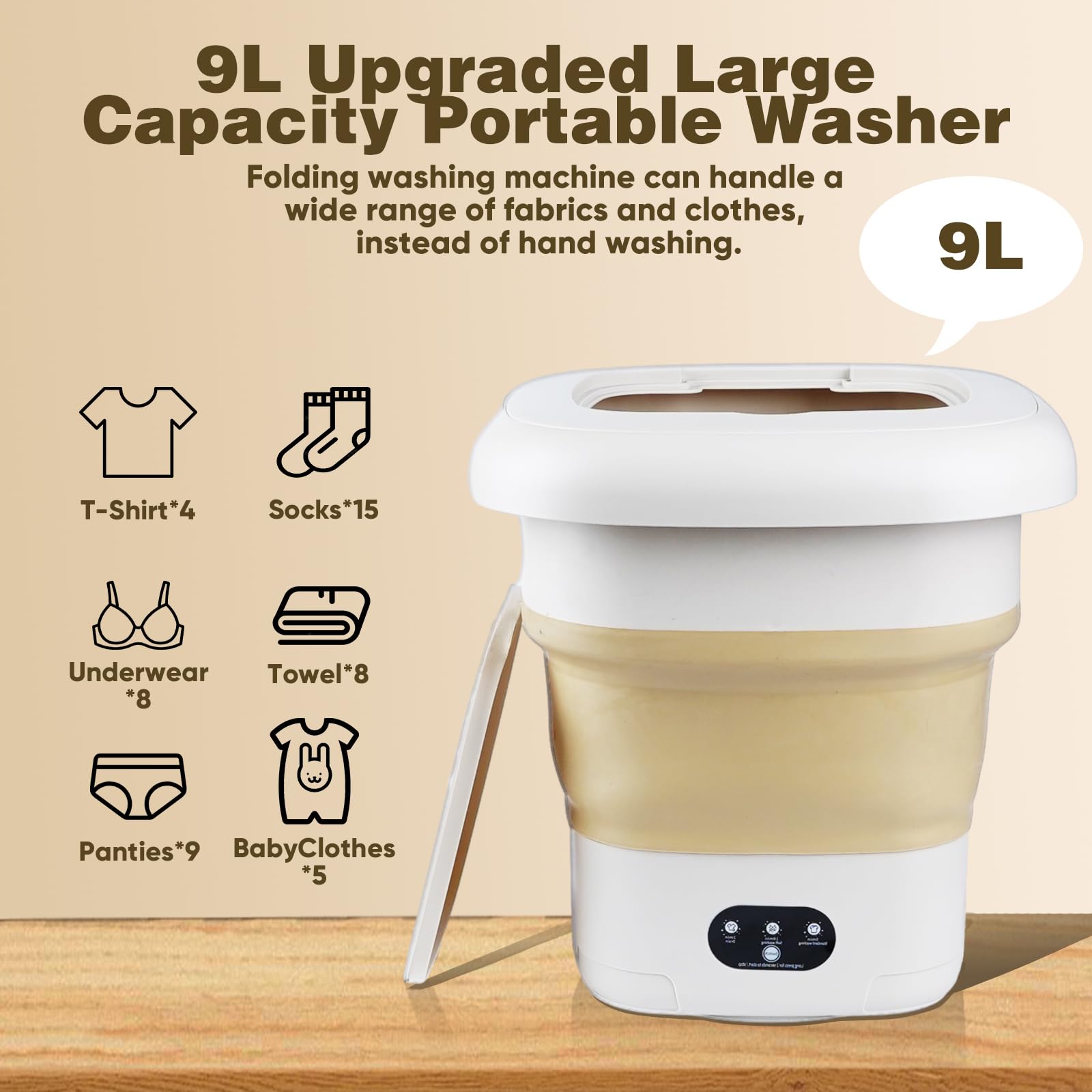 Small Portable Washing Machine, Mini Washer, 9L Upgraded Large Capacity Foldable Washer, Deep Cleaning of Underwear, Baby Clothes And Other Small Clothes.Suitable for Apartments, Dormitories, Hotel