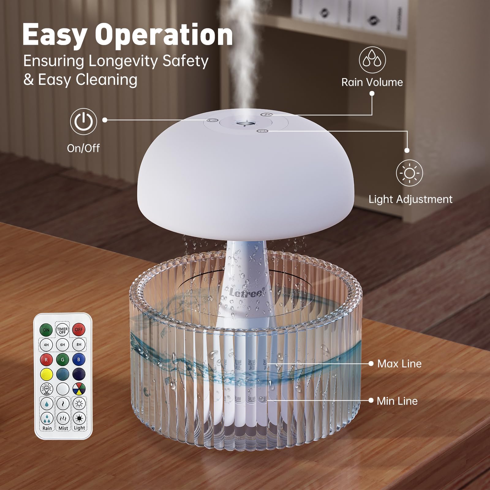 Letree Rain Cloud Humidifier Diffuser Water Drip Air Humidifiers Mushroom Waterfall Lamp Humidifier Rain Drop Sounds White Noise Remote Aromatherapy Essential Oil Diffuser for Bedroom Home