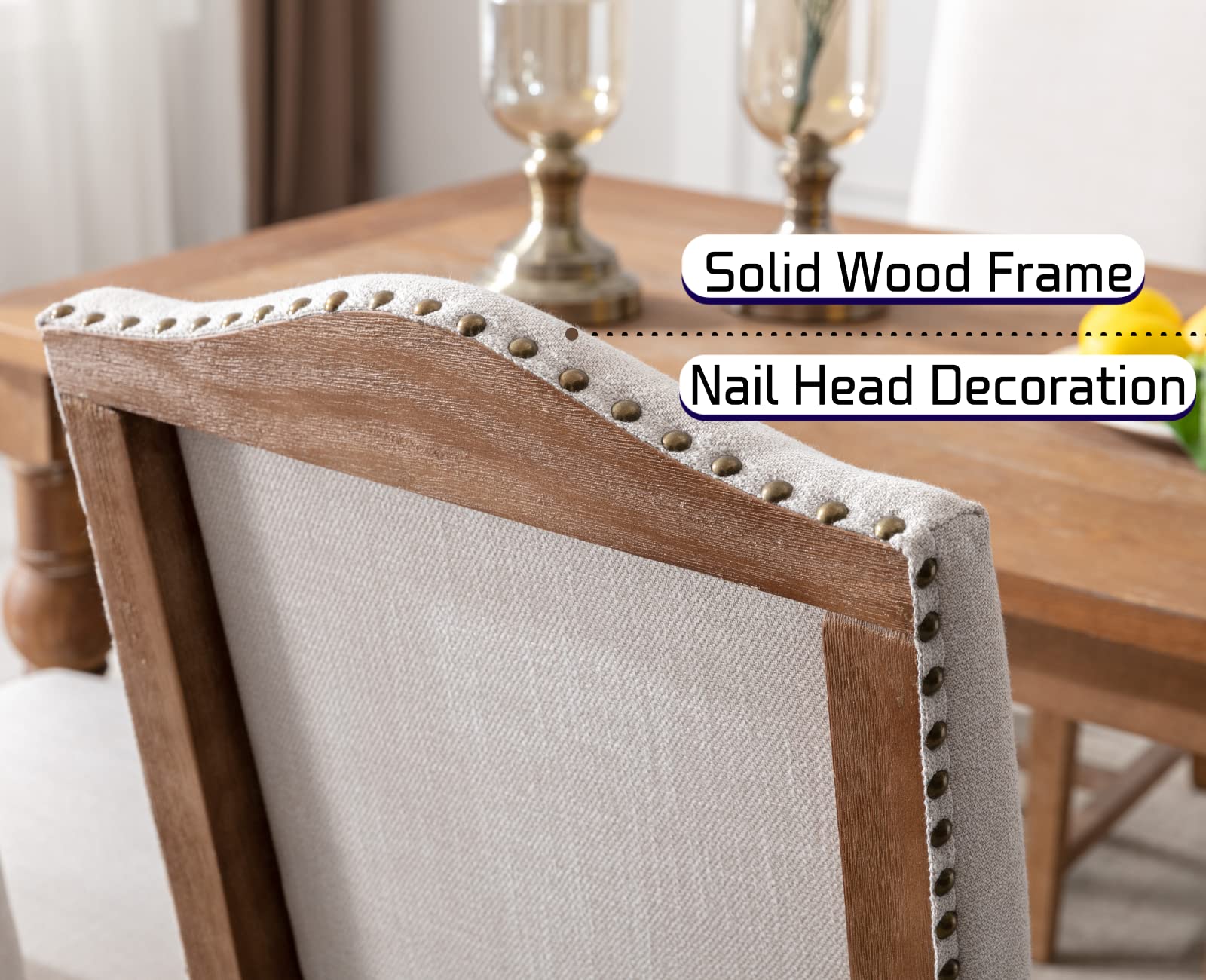 EALSON Farmhouse Dining Chairs Set of 2 Upholstered Dining Room Chairs with Wood Legs and Nailhead Trim Mid Century Modern Kitchen Chairs with High Back Padded Parson Chairs, Linen Beige