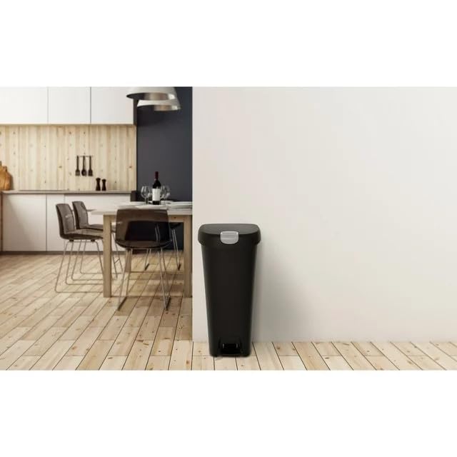 EyiduoQ 12 Gallon Trash Can, Plastic Slim Lockable Kitchen Trash Can, Black Plastic