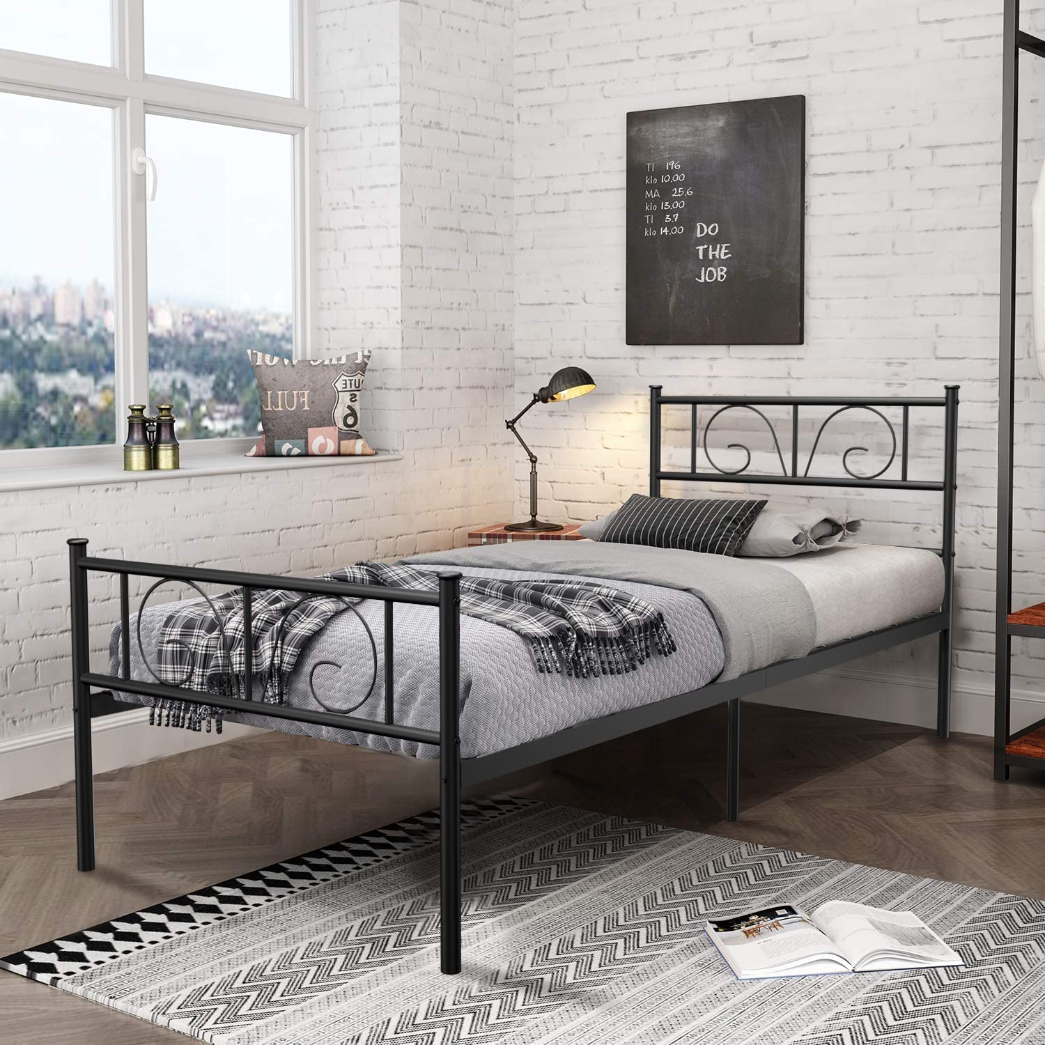 Twin Bed Frames Black for Boys Teenagers Adult, Single Platform Steel Bed Frame with Storage Girls Twin Size Beds Mattress Foundation Metal Slats Support with Headboard Footboard No Box Spring Needed
