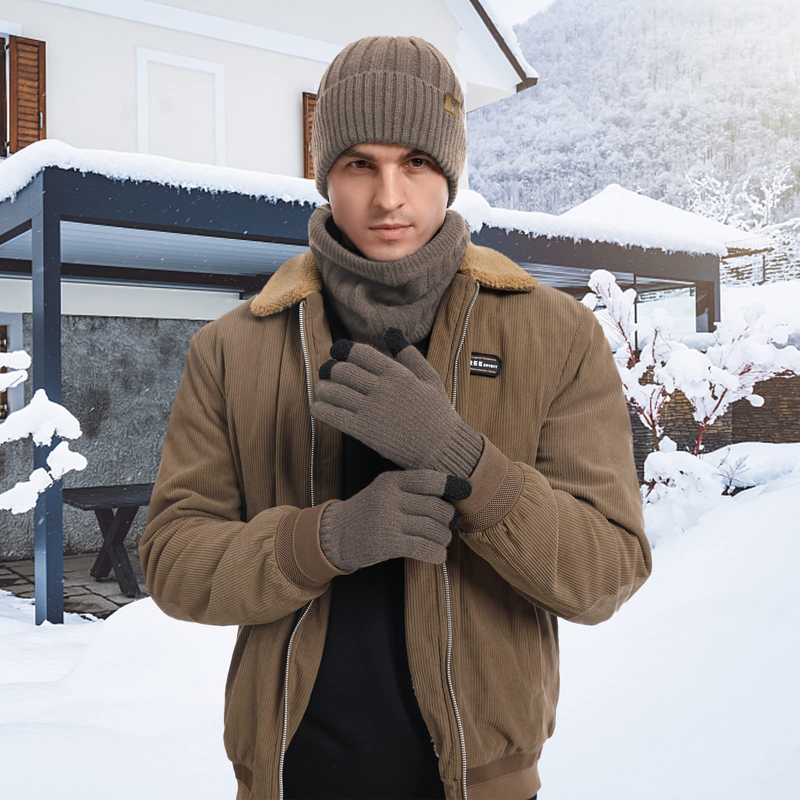 Honnesserry Winter Beanie Hat Scarf for Men with Touchscreen Gloves Neck Warmer Mens Scarf and Gloves with Fleece Lined