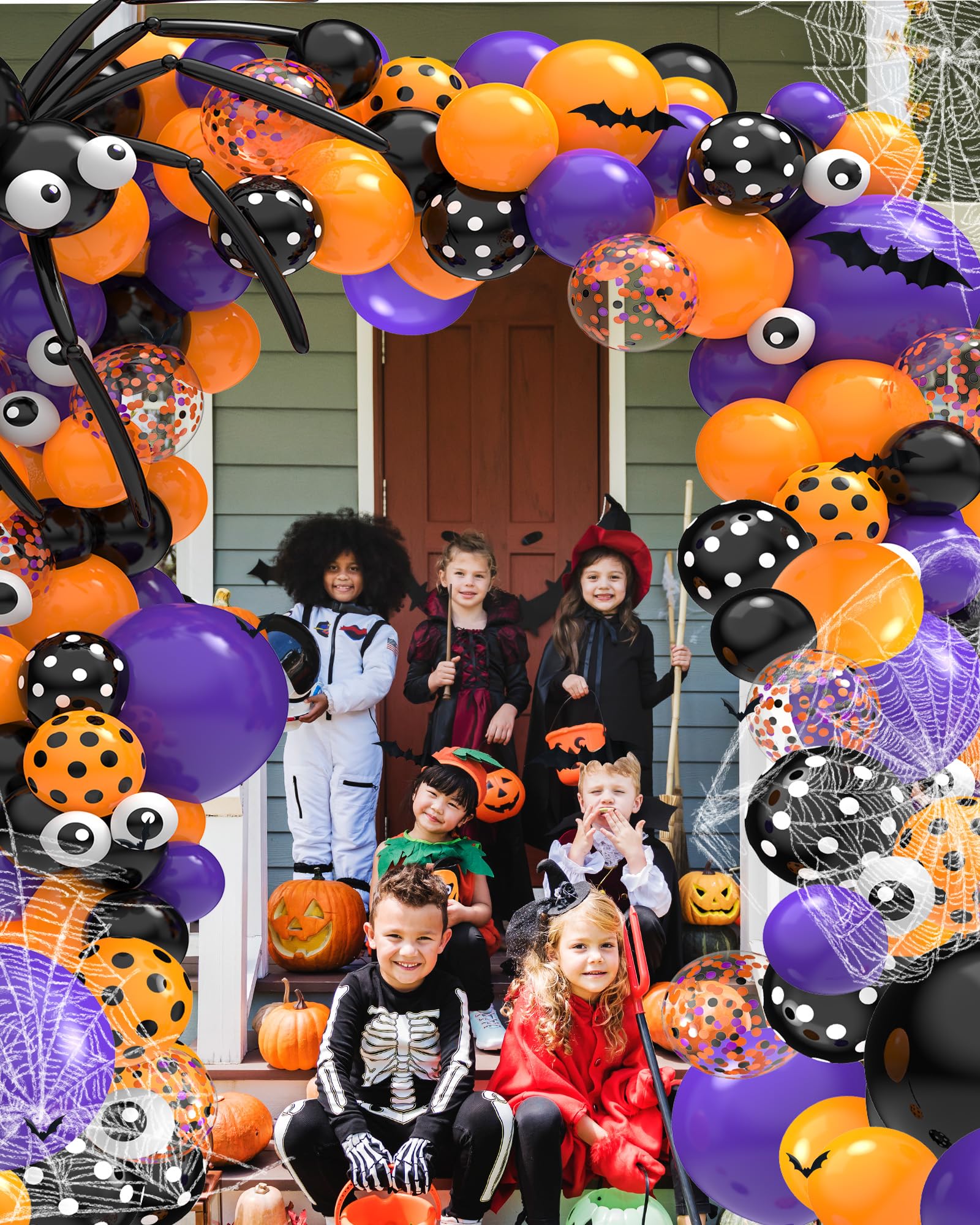 Oomloid 126 Pcs Halloween Balloon Garland Arch Kit, Halloween Party Decorations Include Spider Web, Bats, Purple Orange and Black Balloons for Halloween Birthday Party Supplies Decor