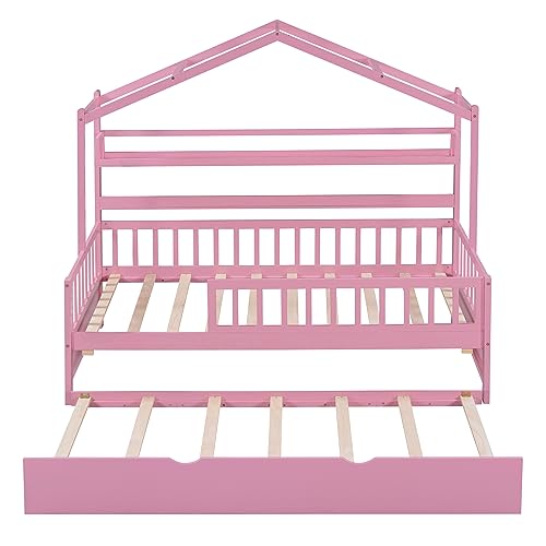 Twin Size House Bed for Kids, Wooden Floor Bed Frame with Trundle & House Roof Frame, Kids Bed Twin with Shelf, Guardrails & Slat Support, Box Spring Needed (Pink)