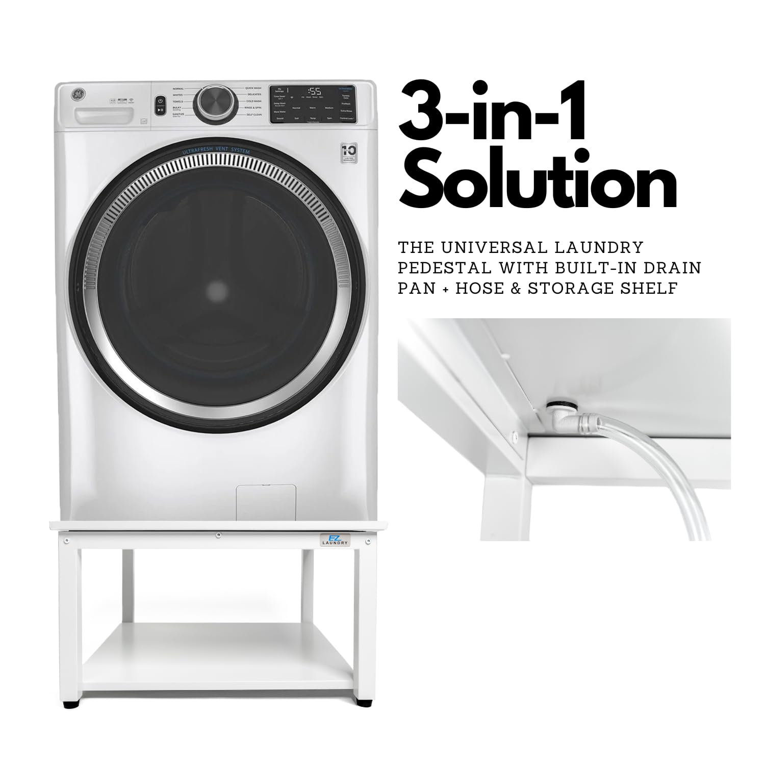 EZ Laundry | Upgraded 29β Universal Laundry Pedestal β 700lbs Capacity, Raises 16β with Built-in Drain Pan + Hose, Adjustable Feet, Anti-Vibration, Steel & Storage Shelf for Washer & Dryer (White)