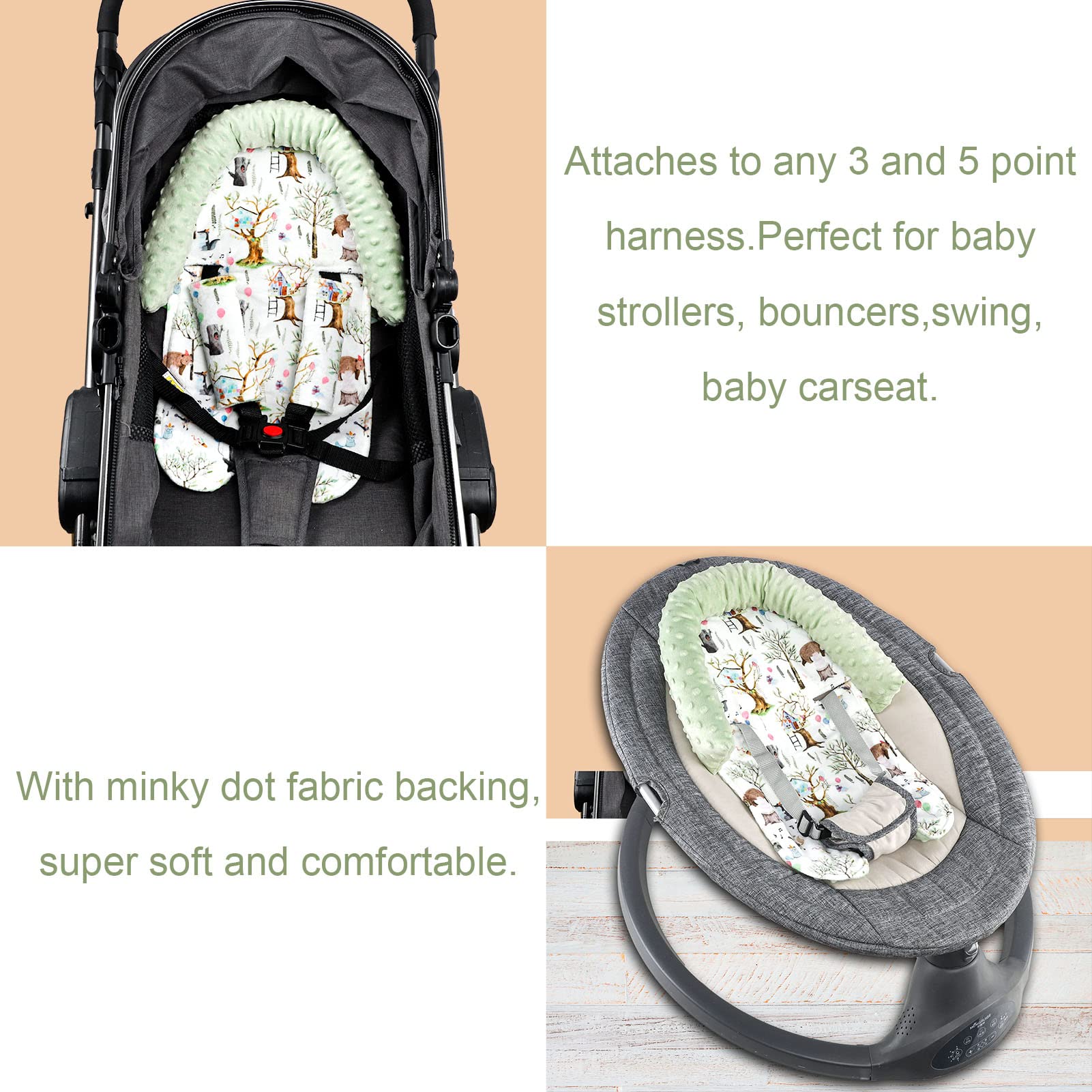 Hooyax Baby Car Seat Head Support Stroller Insert for Boys Girls, Soft Minky Headrest Cushion with Strap Covers Set, Fit for Carseats, Bouncers, Swing