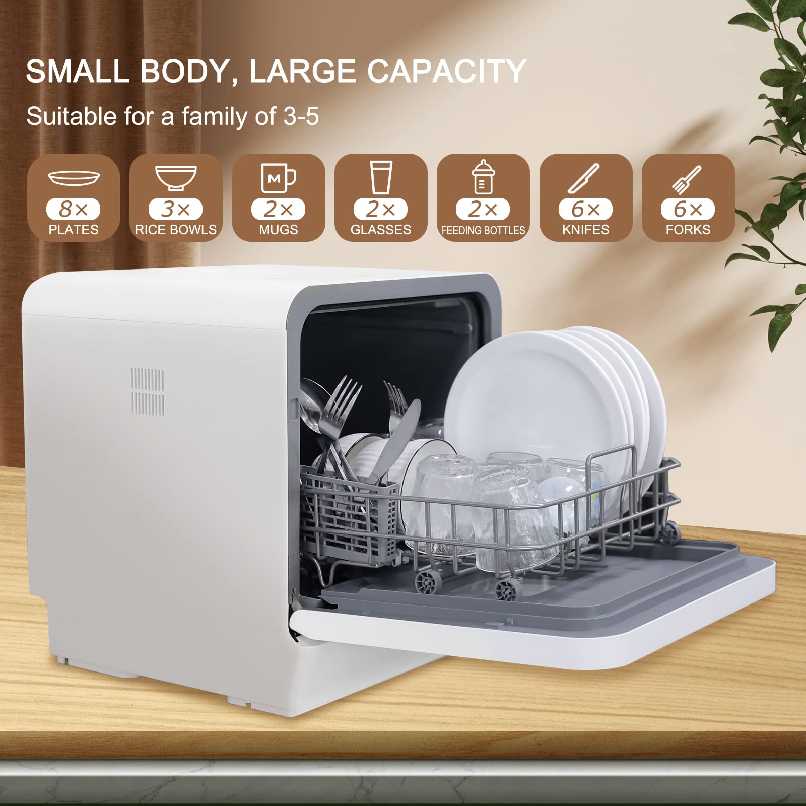 Fywad countertop dishwasher, portable dishwasher no hookup. Countertop Dishwasher with Water Tank. With child lock, hot drying, 4 washing programs. 360-degree spraying.