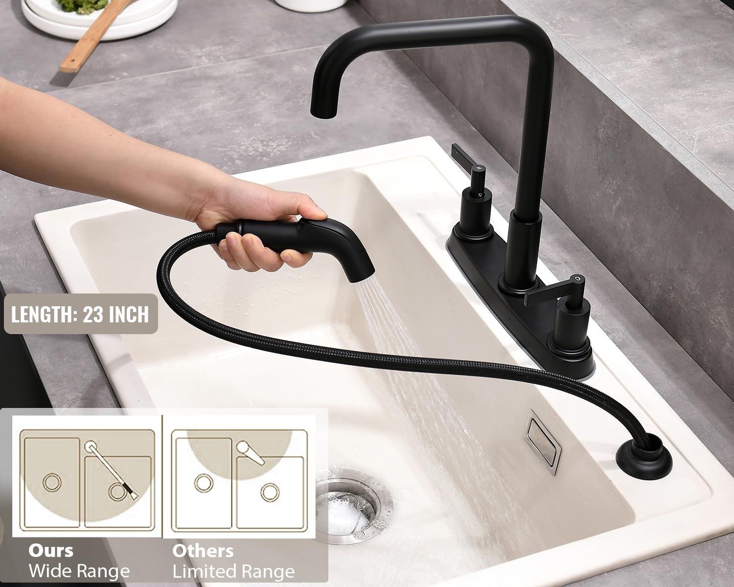 Kitchen Faucet with Sprayer, Black Kitchen Faucet, Matte Black Kitchen Sink Faucet, Stainless Steel Kitchen Sink Faucet with Side Sprayer, 3 or 4 Hole RV Utility Laundry Kitchen Faucets KMF028B