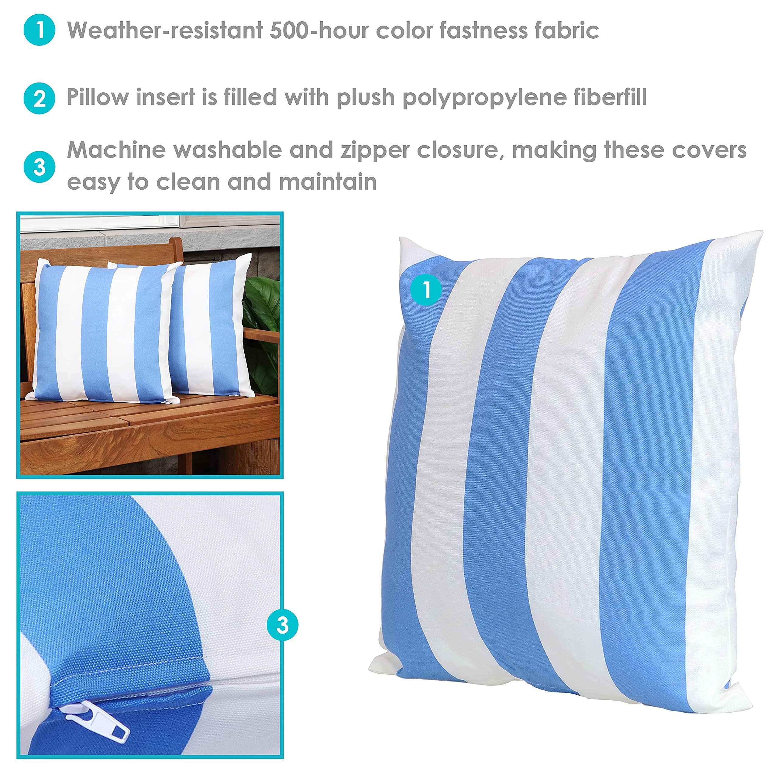 Sunnydaze 17-Inch Square Beach-Bound Stripe Indoor and Outdoor Decorative Throw Pillows Set of 2 with Zipper Closures and Inserts and Indoor and Outdoor Inflatable Ottoman Bundle