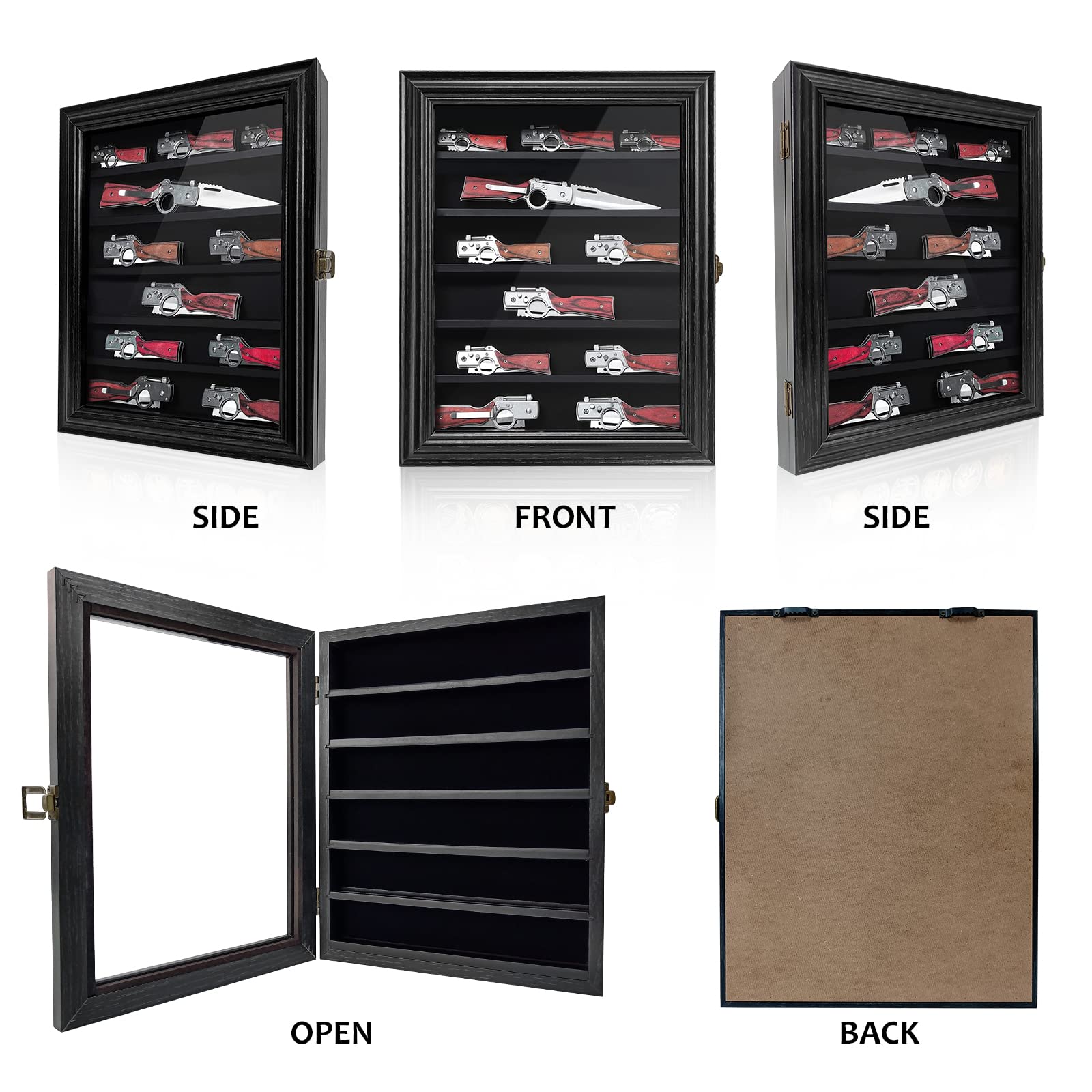 Knife Display Case 6 Rows Pocket Knife Display Case for Wall Military Folding Knife Shadow Box Cabinet for Collections with HD Toughened Glass Door,Removable 2 Grooves Shelves ,Black