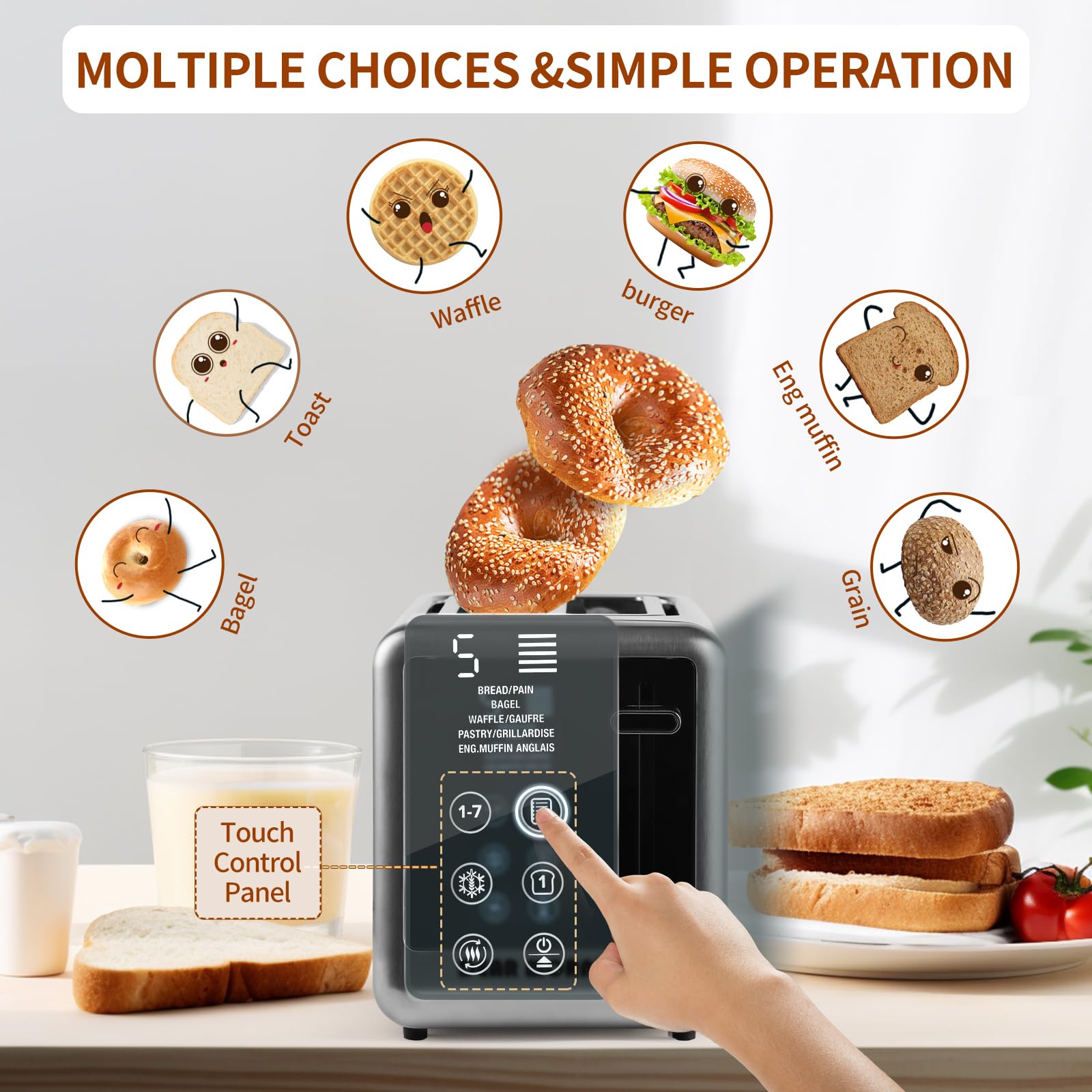 Smart Toaster Digital Tuch Screen Toaster with 5 Bread Selection 7 Shade Setting and Bagel/Defrost/Cancel/Reheat Function 1.5β 2 Slice Stainless Steel Toaster with Removable Crumb Tray