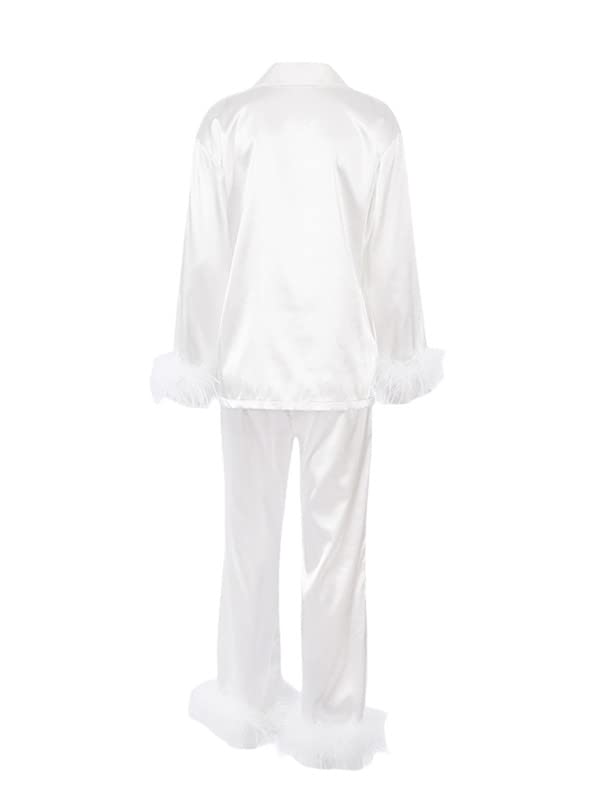 ZZEVOLSS Womens Silk Satin Pajamas Feather Trim Nightwear Long Feather Sleeve Button Down Pjs Set Fur Trim Pants Set(Lapel Collar-white,Small)