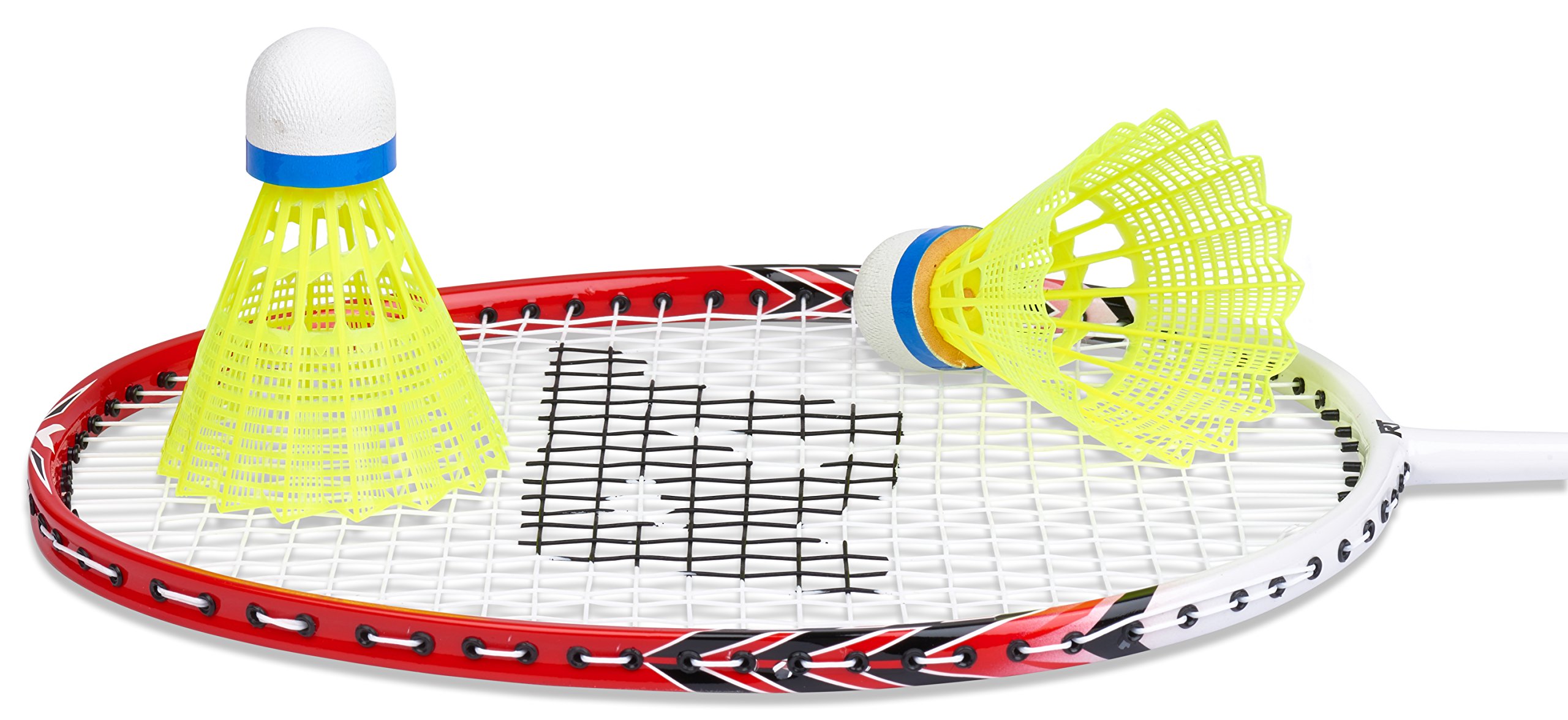 FiberFlash 7 Badminton Racket Set, Featuring 2 Carbon Fiber Shaft Racquets, 3 Shuttlecocks Plus Fabric Carrying Bag All Included (Red/Blue/White)
