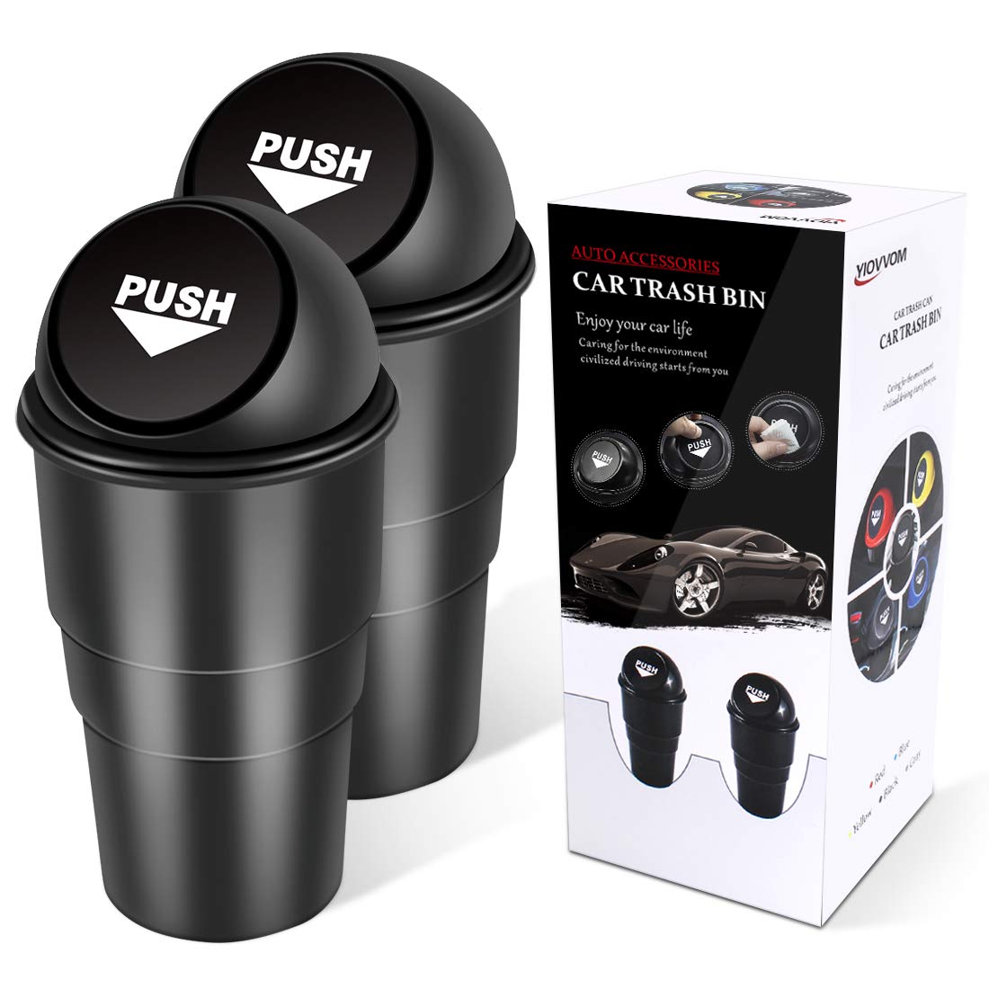 YIOVVOM Car Garbage Can with Lid, Leakproof Vehicle Automotive Cup Holder Car Trash Can, Small Trash Bin for Automotive Office Home Kitchen, Bedroom Set of 2 (Double Black, 1)