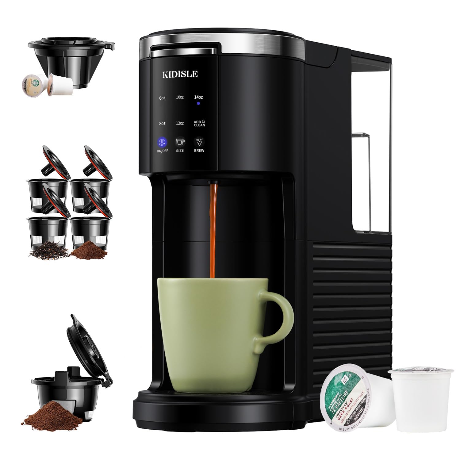 KIDISLE Single Serve Coffee Machine, 3 in 1 Pod Coffee Maker for K Cup Pods & Ground Coffee & Teas, 6 to 14oz Brew Sizes, with 40oz Removable Water Reservoir, Self-cleaning Function, Black