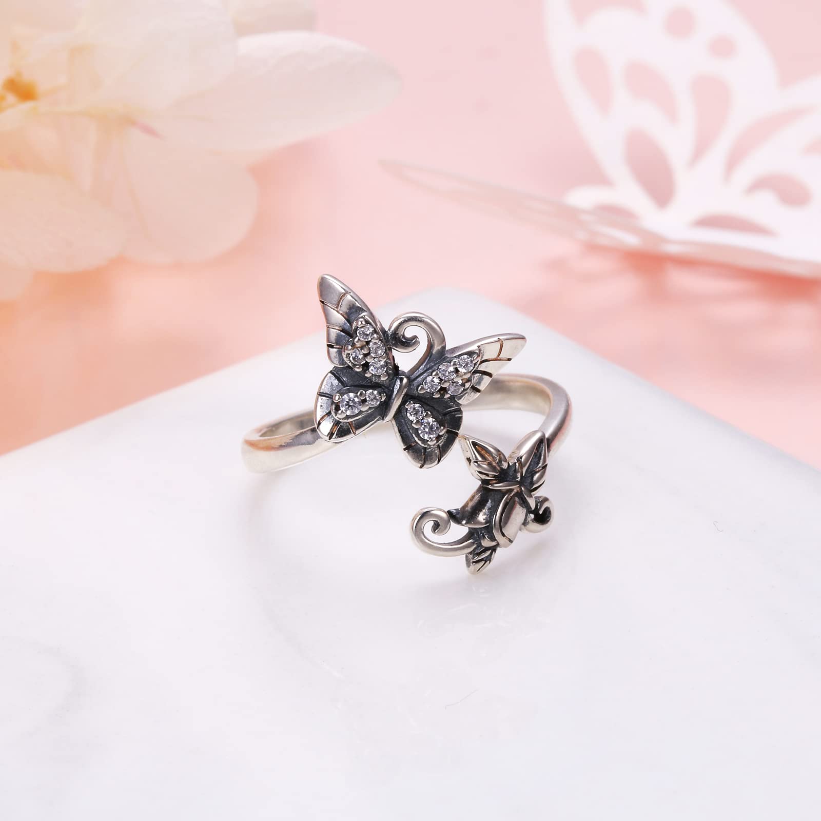 HOOHWE 925 Sterling Silver Butterfly Ring for Women,Adjustable Size,Adjustable Size
