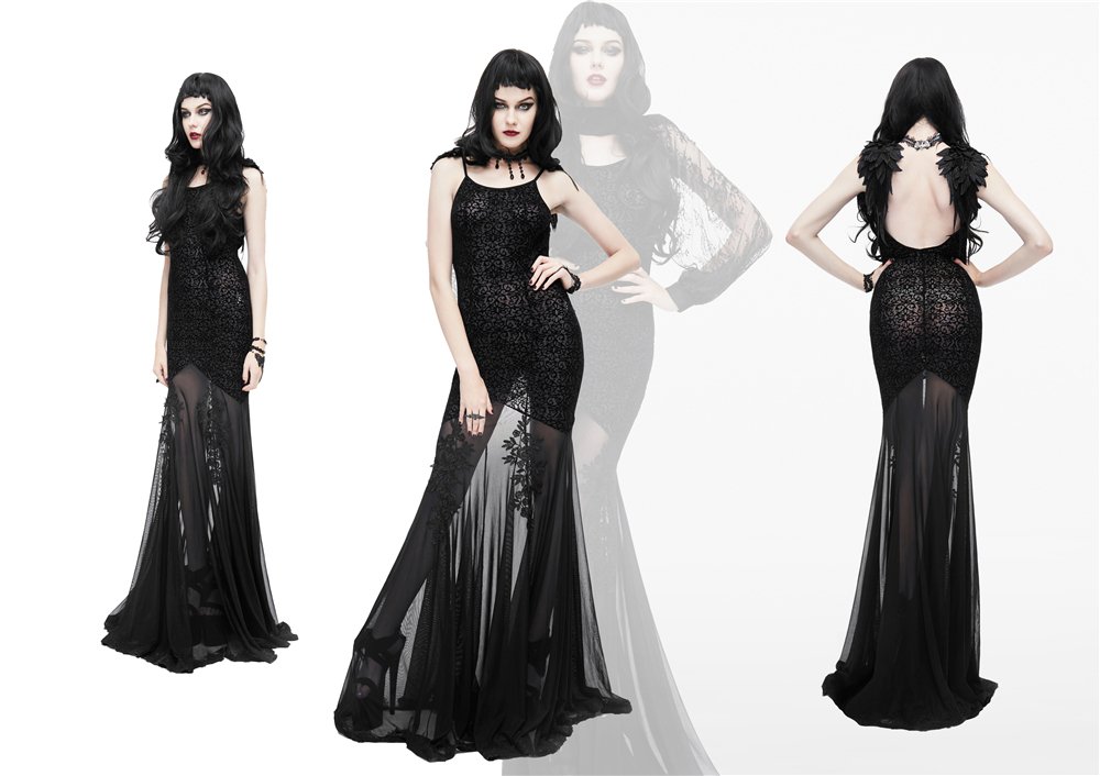 EVA LADY Gothic Womens Evening Party Long Dresses Steampunk Backless Sexy Mixi Dress (M, Black)