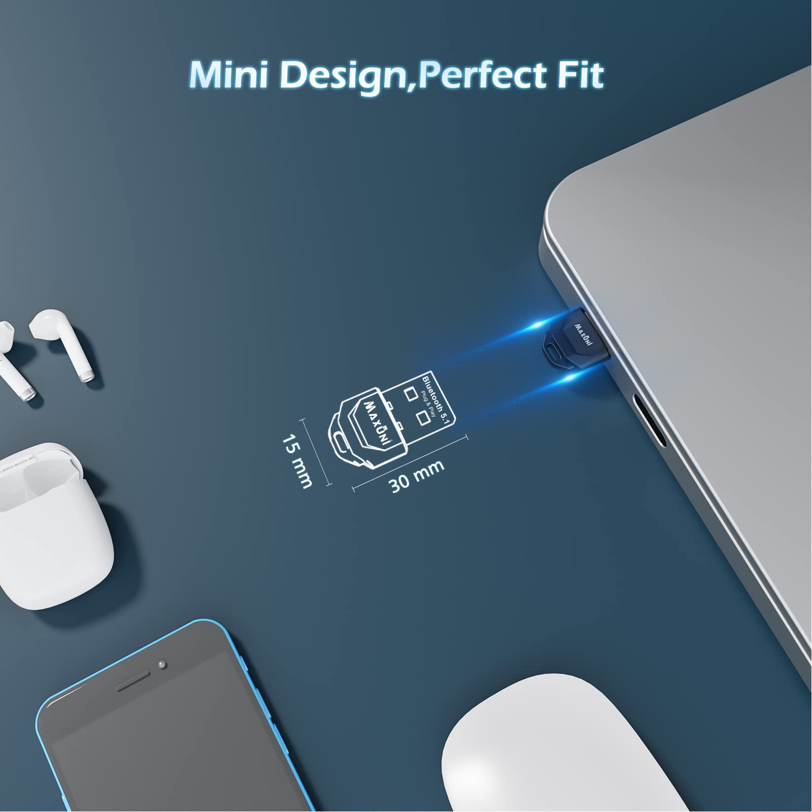 Maxuni USB Bluetooth Adapter for PC 5.1 - Bluetooth Dongle 5.1 EDR Adapter for Windows 11/10 Driver - Free Plug & Play for Laptop, Keyboard, Mouse, Headsets, Speakers - USB Bluetooth 5.1 Dongle