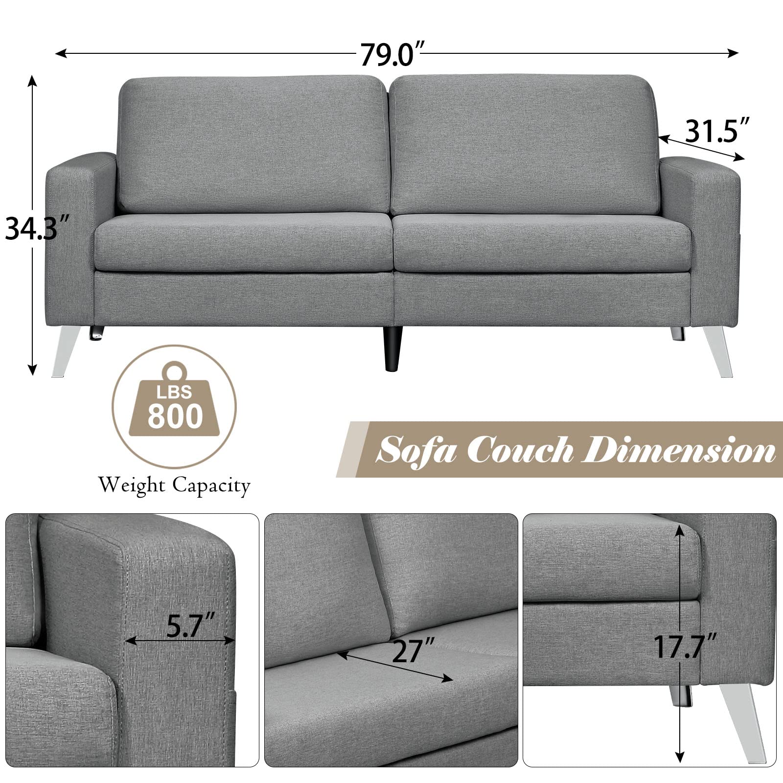 Esright Grey Sofa Couch, 2 Seats Sofa for Living Room 79" Wide, Oversied Loveast for Bedroom and More