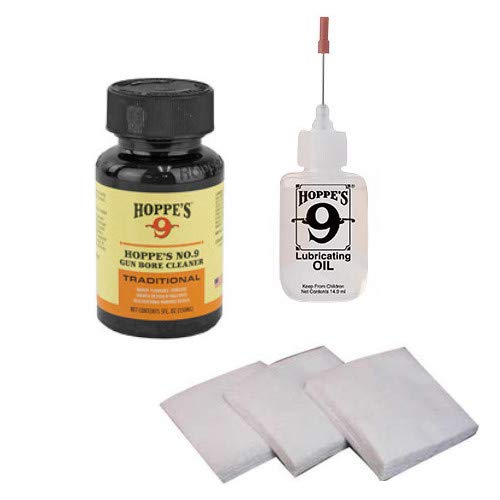 Gun Cleaning Kit Including 5oz Cleaning Solvent, Precision Bottle of Lube Oil, Patches for 9mm - 45 Caliber