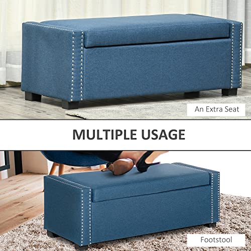 HOMCOM Nailhead Trim Upholstered Flip Top Storage Bench, Fabric Ottoman for Bedroom, or Living Room, Blue