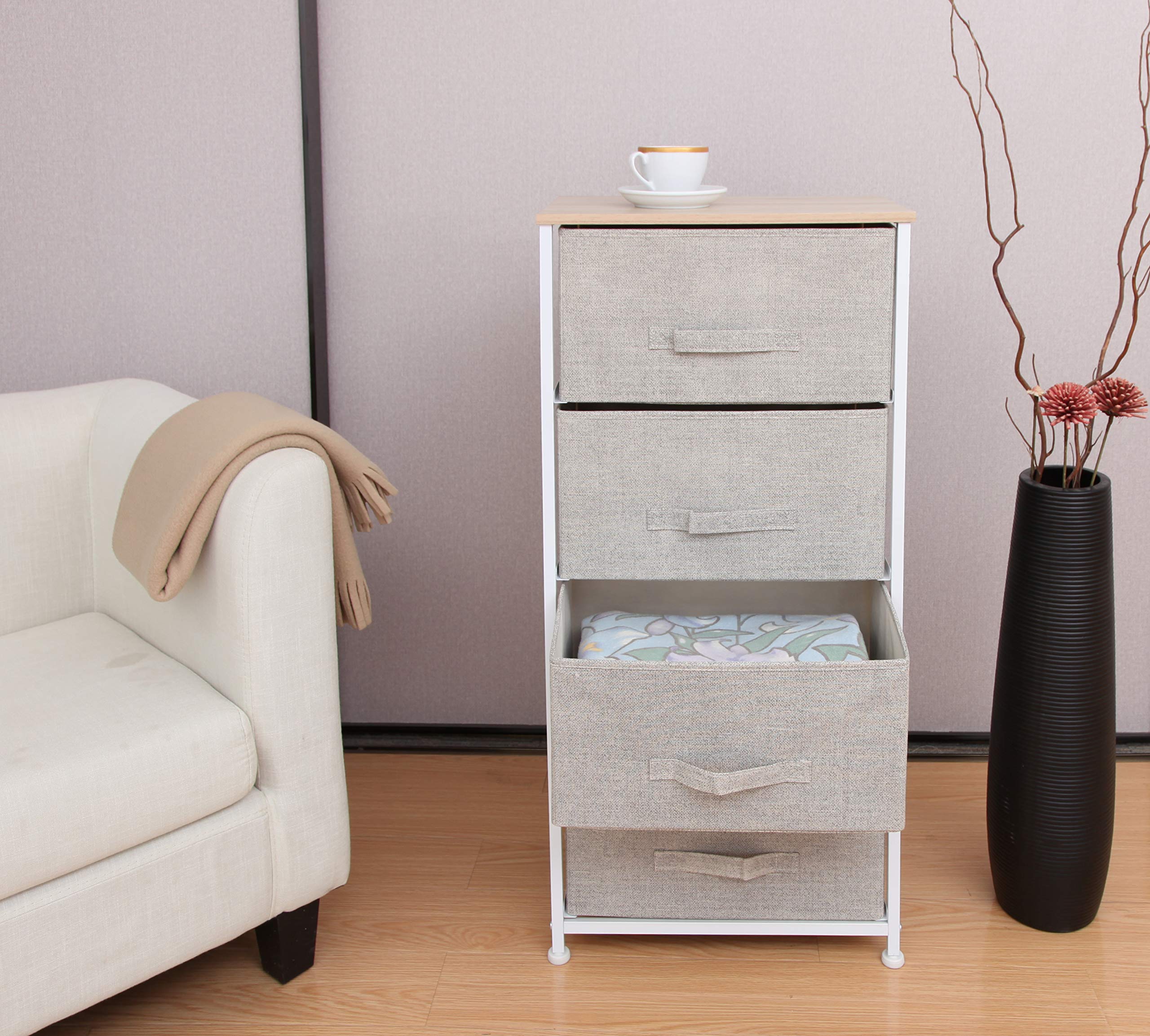East Loft Tall 4 Drawer Dresser Storage Organizer for Closet, Nursery, Bathroom, Laundry or Bedroom Fabric Drawers, Solid Wood Top, Durable Steel Frame Natural