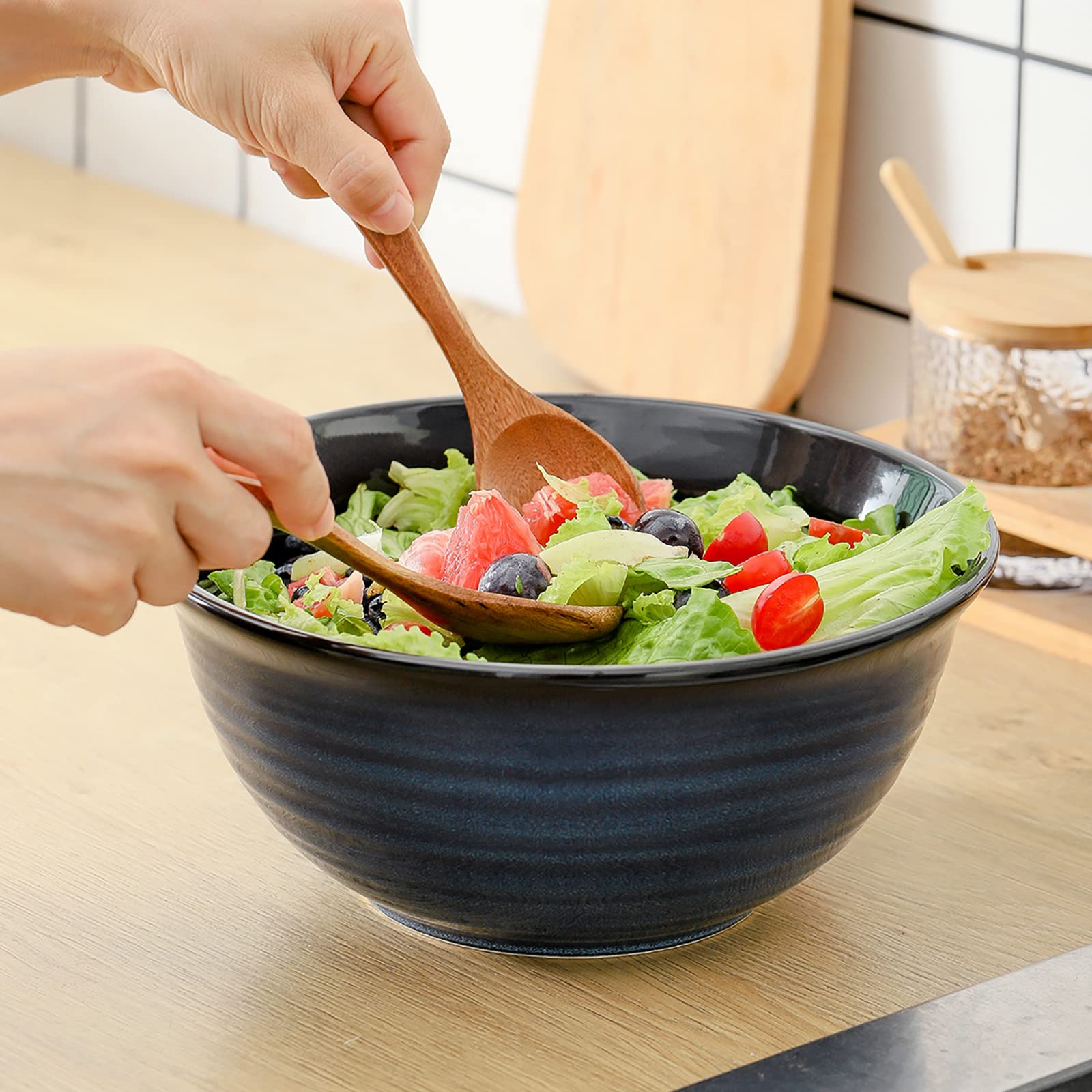 Hasense Ceramic Large Serving Bowls,84 Ounce Salad Mixing Bowls Set of 2 for Kitchen for Soup,Pho,Pasta,Popcorn, Dishwasher & Microwave Safe(Blue)