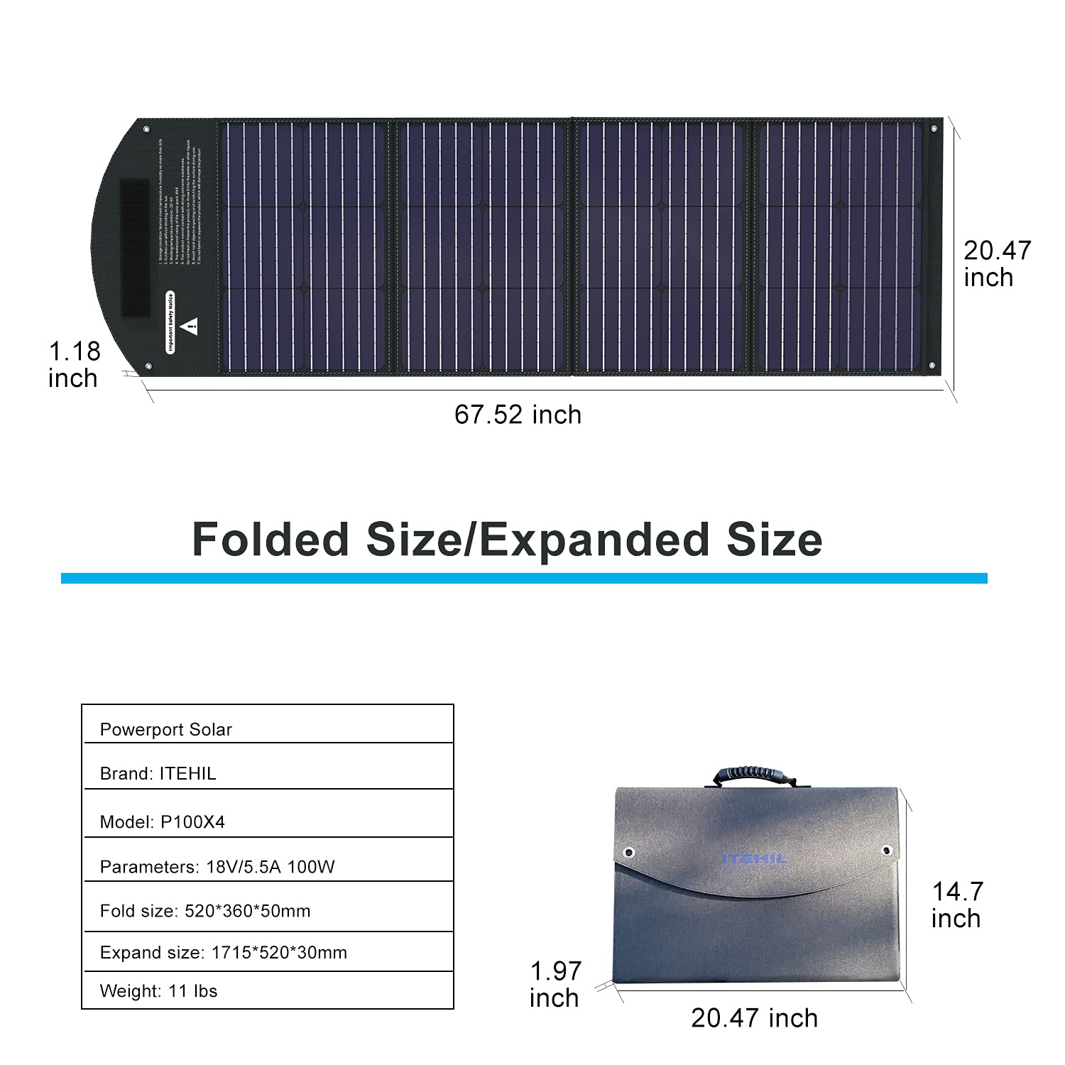 ITEHIL Solar Panel, 100W 18 Volt Monocrystalline Solar Panel Kits, Portable High Efficiency Solar Panel Charger, Foldable Solar Power Backup with USB 3.0/USB 2.0/DC Output for Home, Camping, RV…