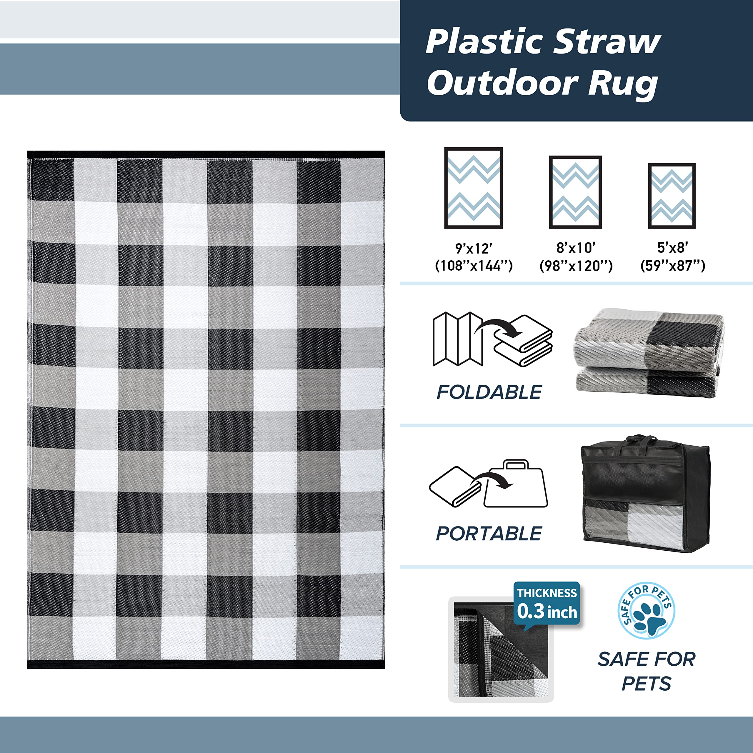 Lena Rug Buffalo Plaid Outdoor Rug Waterproof for Patio RV Camping Picnic Balcony Plastic Straw Rug Grey White 5x7