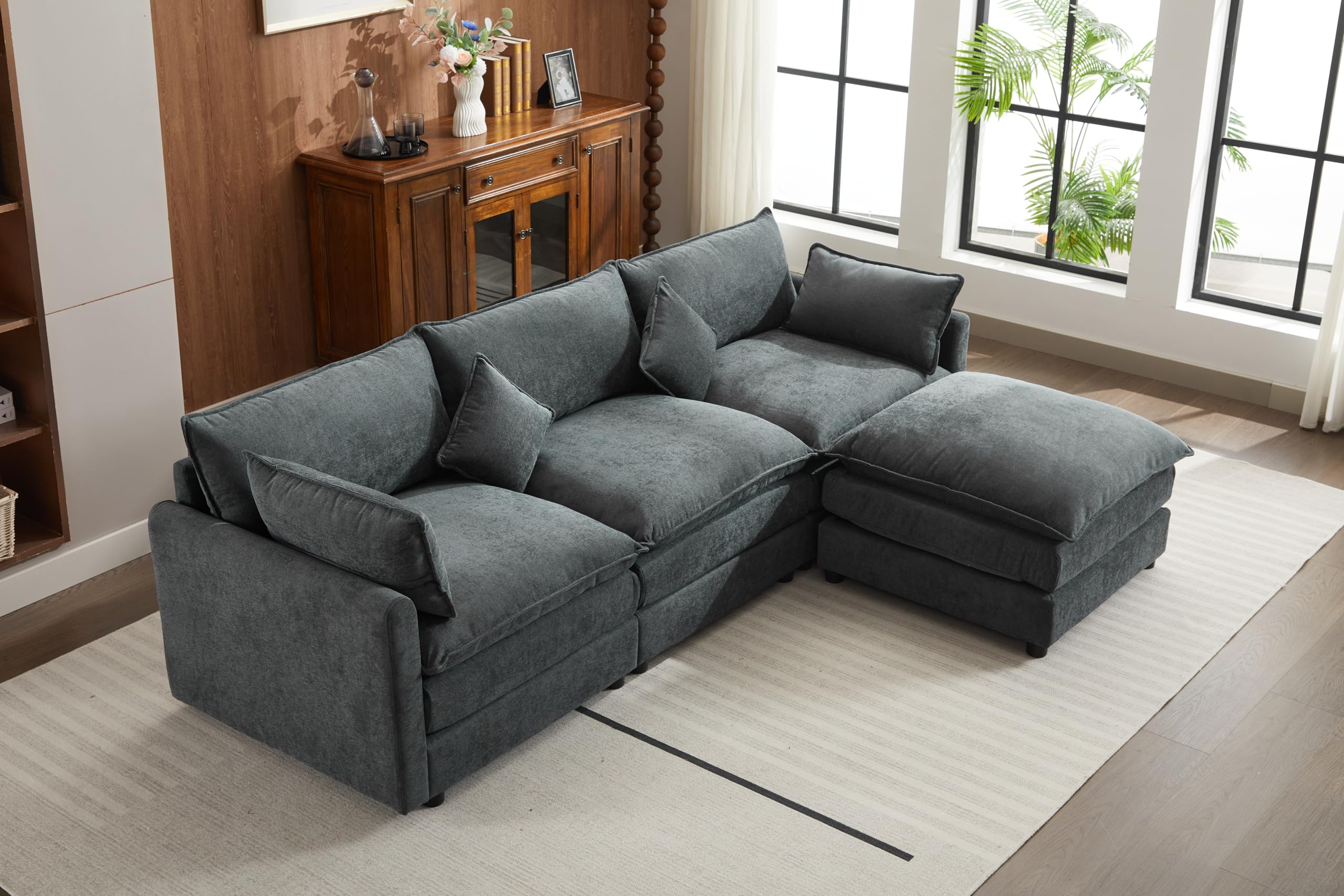 Orange Modular Sectional Sofa, 101" Modern Cloud Couch for Living Room, 3-Seater Upholstered Chenille Deep Seat Sofa, Comfy L Shaped Sectional Couch with Movable Ottoma & Pillows for Apartment Office
