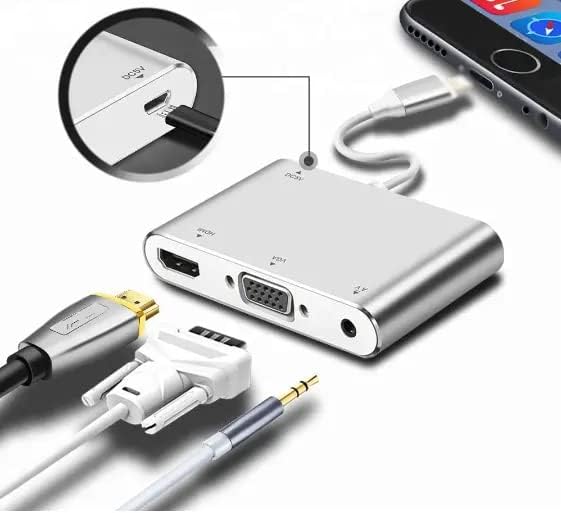 NAKVMN Lightning to HDMI VGA Audio Multiport Adapter Cable for iOS Compatible with Iphone7/7p/6/6s/6p/ Ipad Mini/Pro/Air iPod, Aluminium (Sliver)