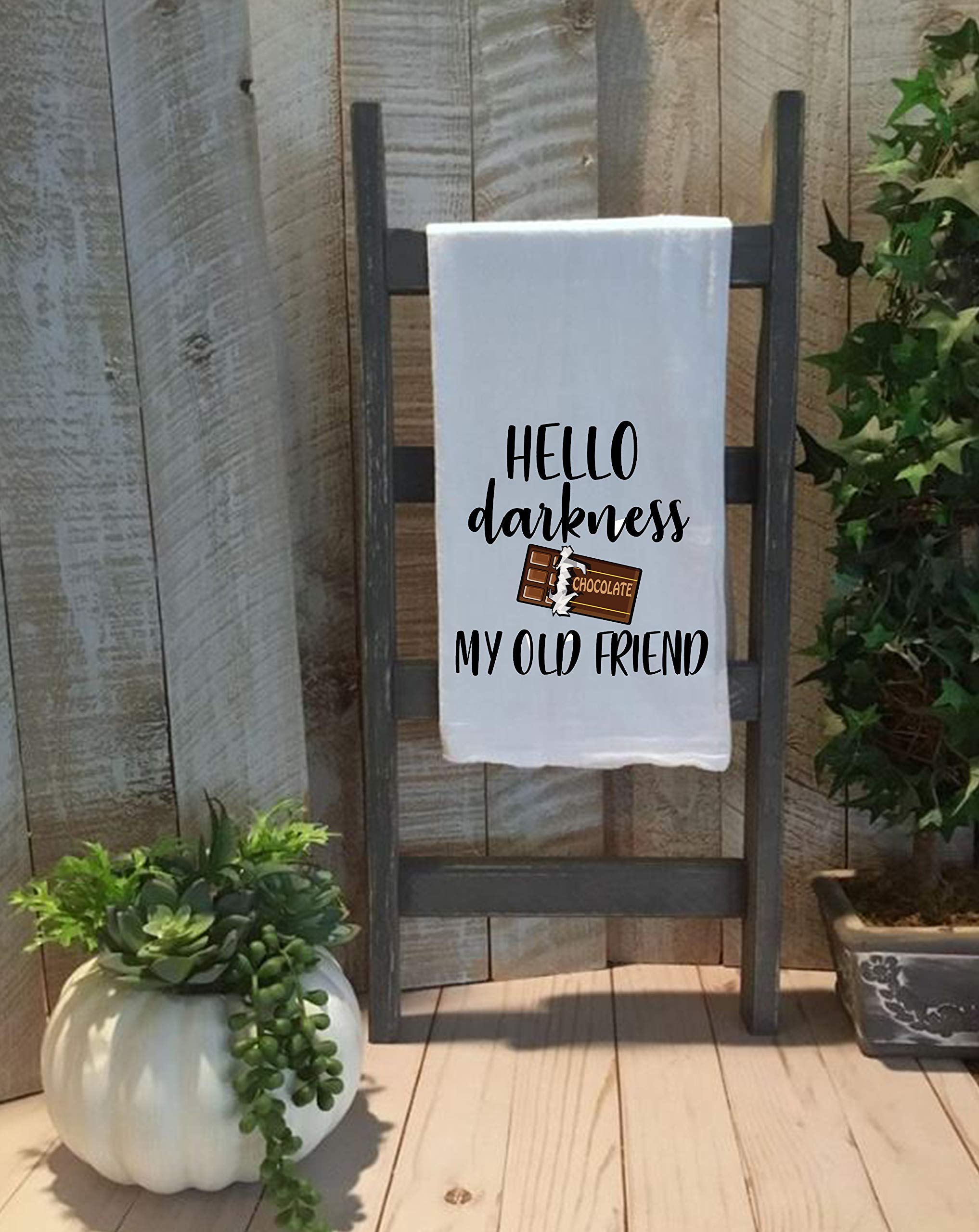 Hello Darkness My Old Friend - Dish Towel Kitchen Tea Towel Funny Saying Humorous Flour Sack Towels Great Housewarming Gift 28 inch by 28 inch, 100% Cotton, Multi-Purpose Towel