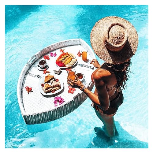 Floating Tray Floating Serving Tray White Willow-Leaf Floating Plate Rattan Woven Floating Serving Tray Table and Bar for Pool Serving Drinks, Brunch, Food